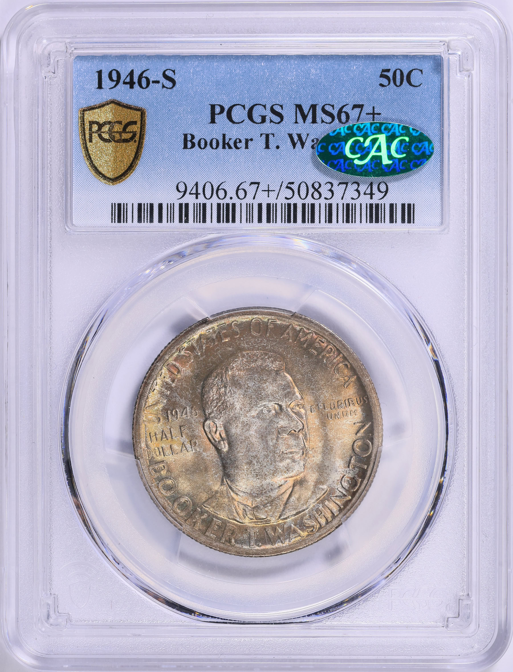 1946-S Booker T. Washington Memorial Half Dollar PCGS MS-67+ (CAC Green) (Toned) (Item 1814441 ...