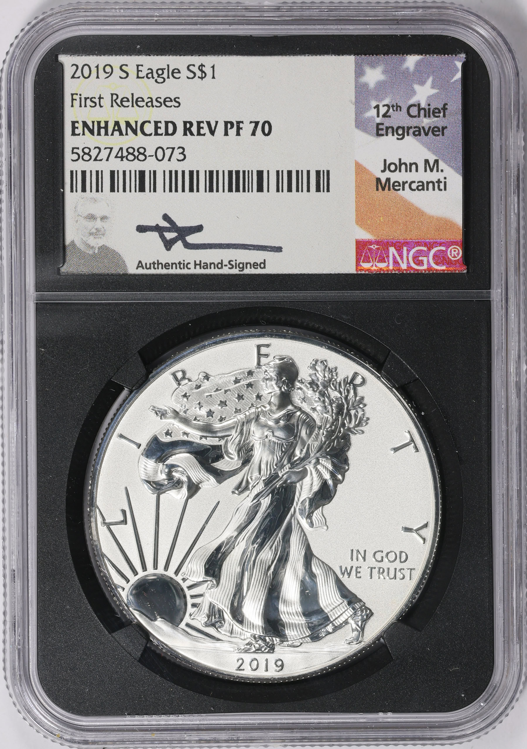 2019-S $1 Silver Eagle Enhanced Reverse Proof First Releases NGC Proof-70 (Mercanti Signed Label ...