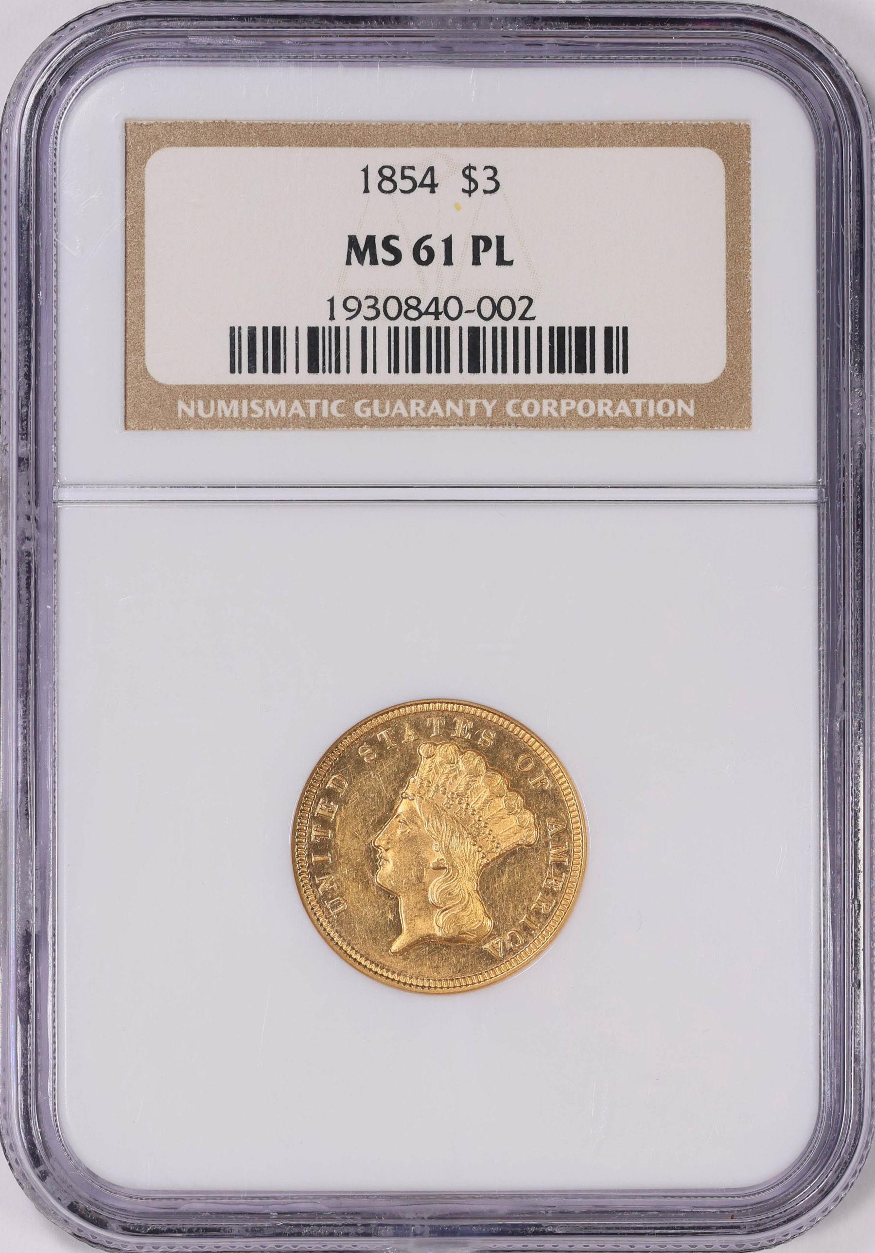 1854 Three-Dollar Gold Piece NGC MS-61 PL (Item 1814647) | GreatCollections Coin Auctions