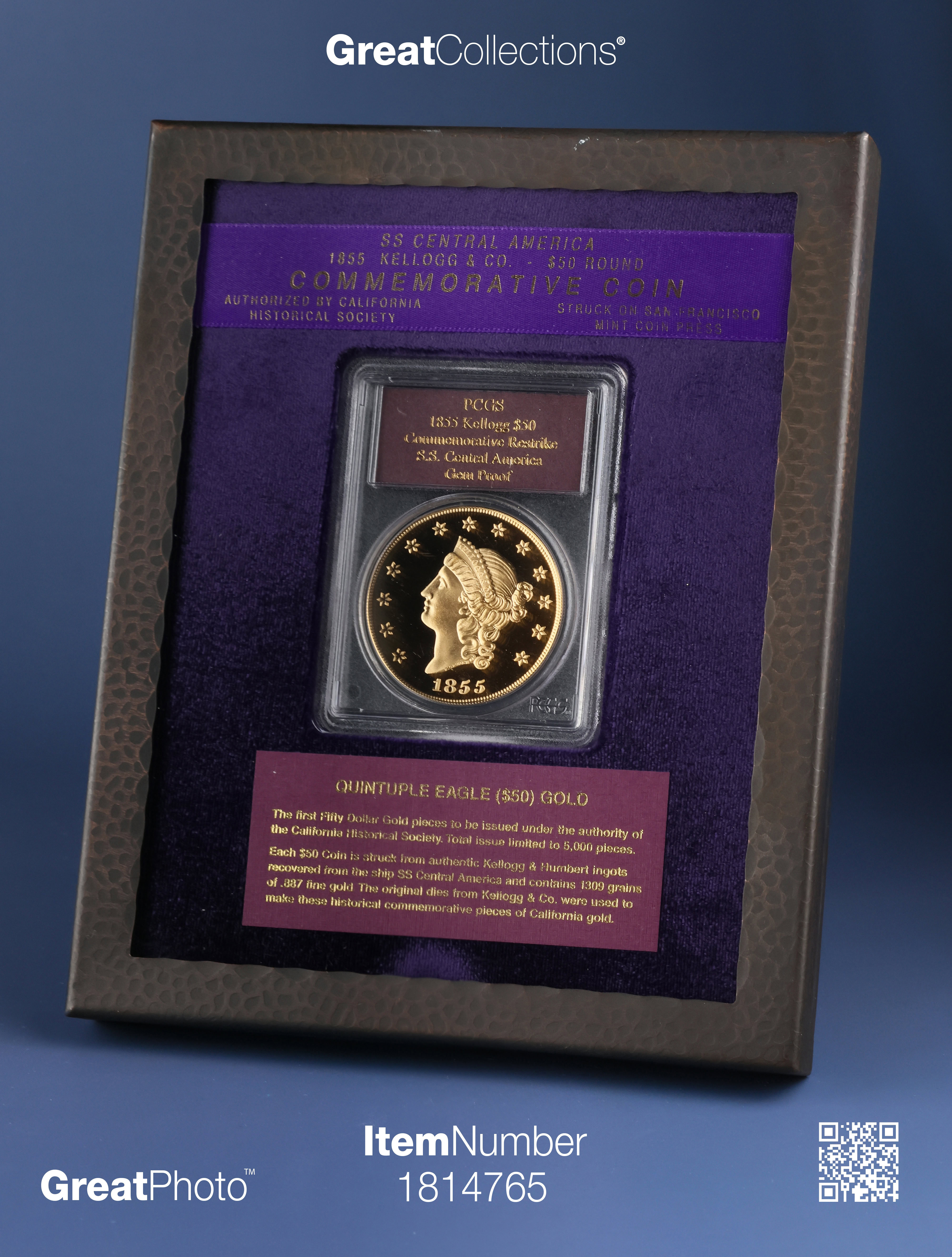 1855 Kellogg Gold $50 Commemorative Restrike Shipwreck S.S. Central ...