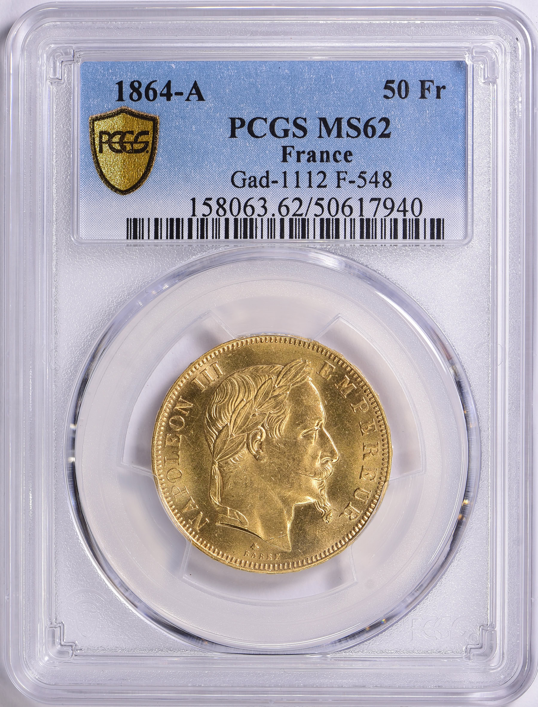 France 1864-A Gold 50 Francs KM-804.1 PCGS MS-62 (AGW = 0.4667 oz ...