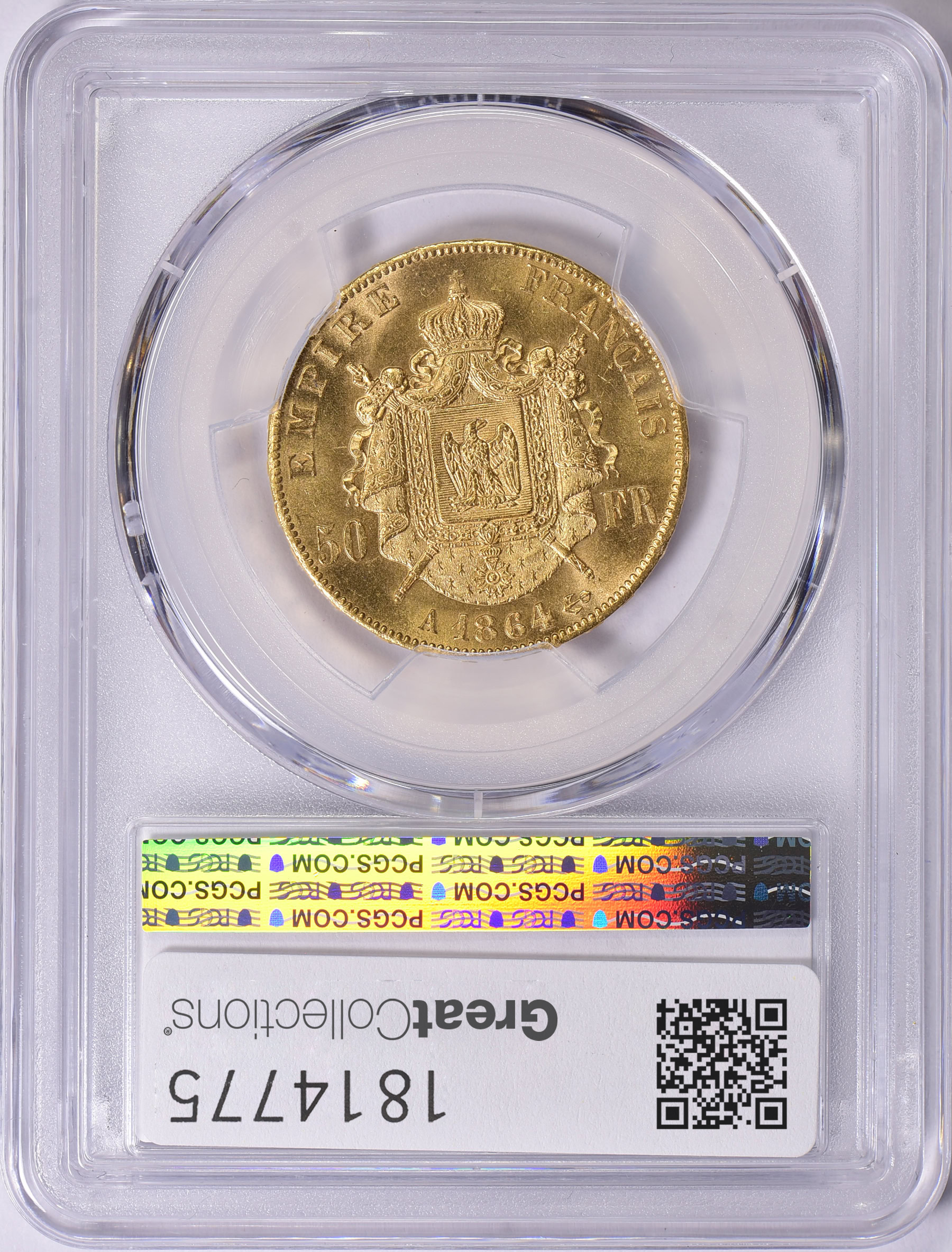 France 1864-A Gold 50 Francs KM-804.1 PCGS MS-62 (AGW = 0.4667 oz ...