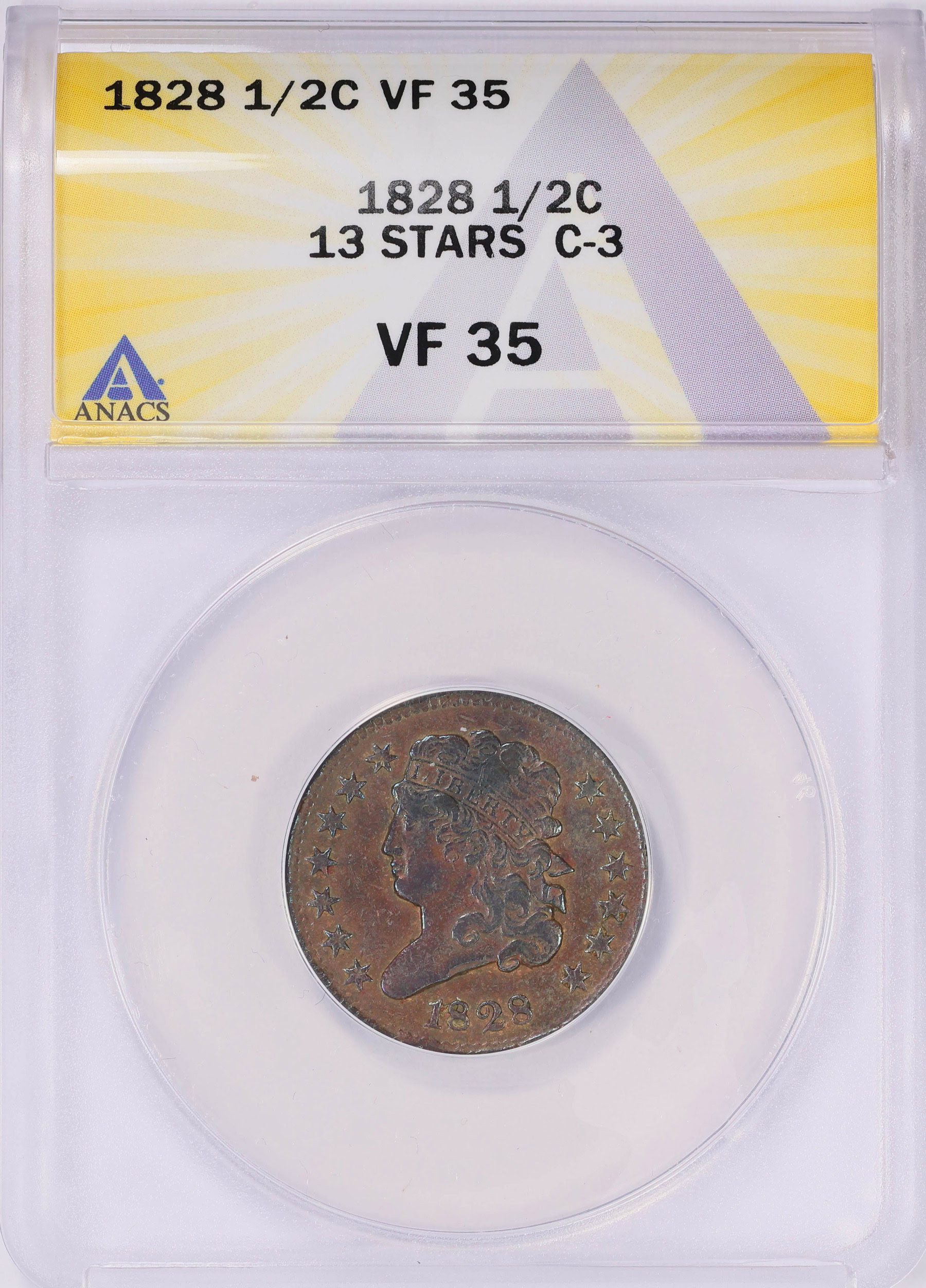 1828 Classic Half Cent 13 Stars Cohen 3 ANACS VF-35 BN (Toned) (Item 1814831) | GreatCollections ...
