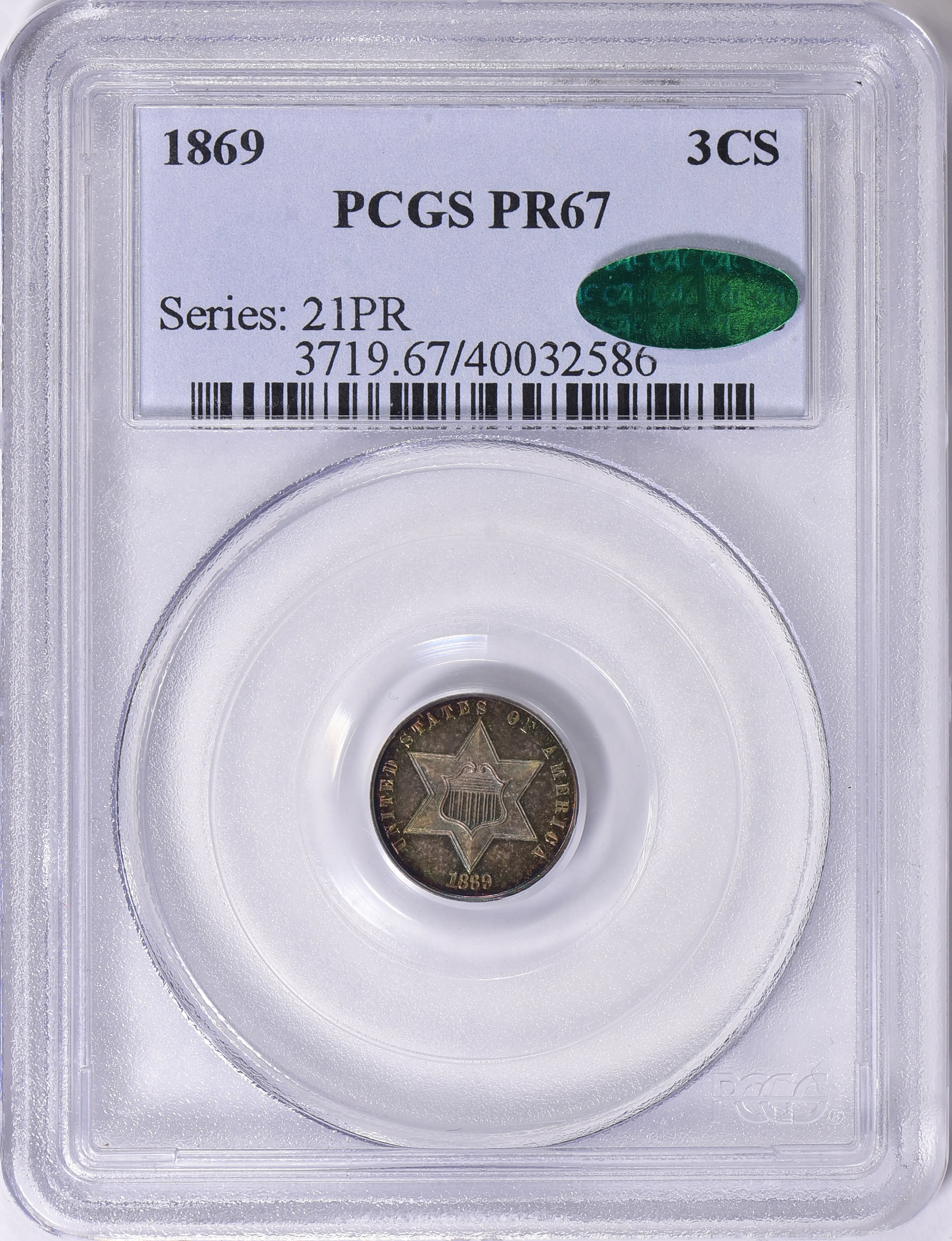 1869 Silver Three-Cent Piece PCGS Proof-67 (CAC Green) (Toned) (Item ...