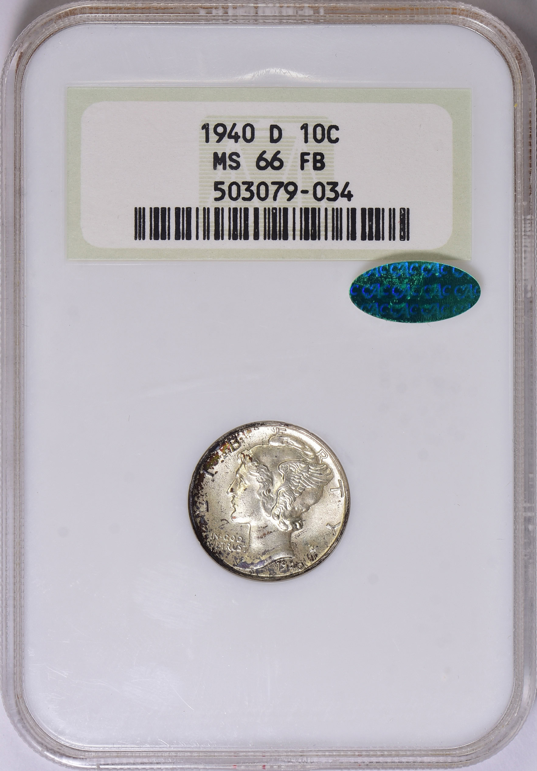 1940-D Mercury Dime NGC MS-66 FB (CAC Green) OH (Toned) (Item 1815045) | GreatCollections Coin ...