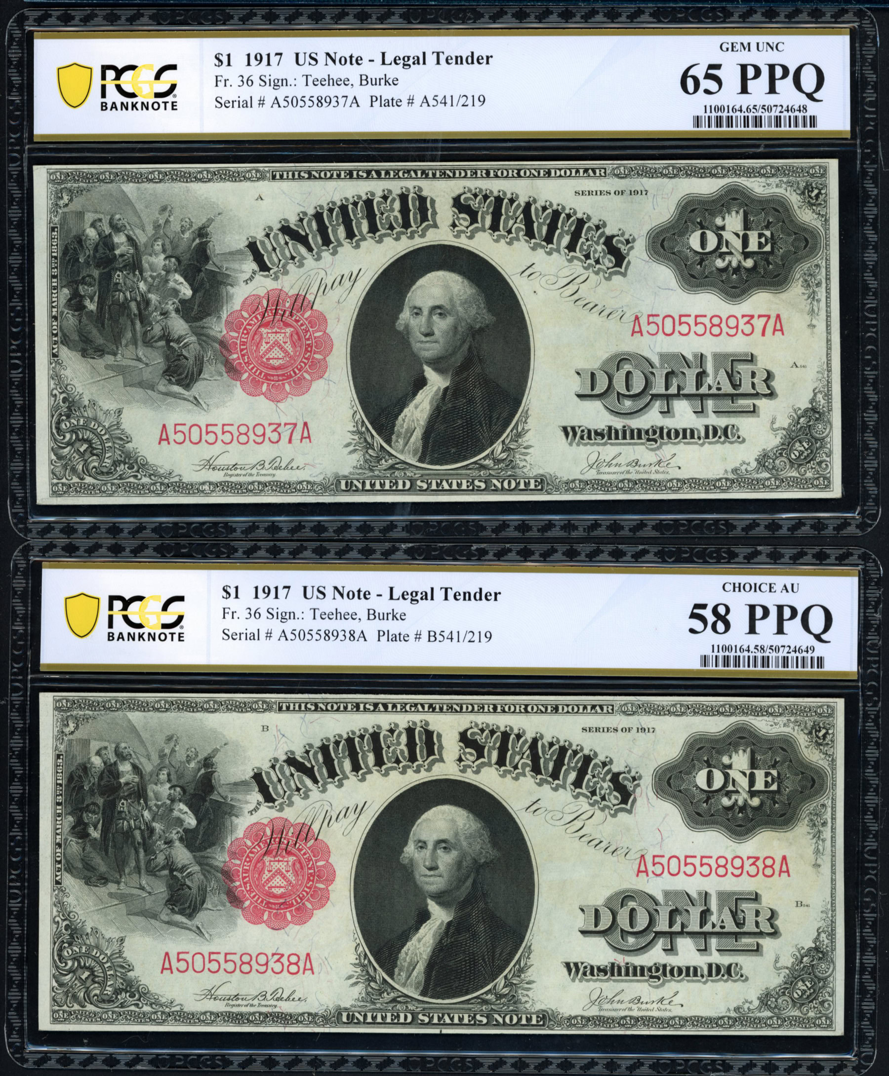 Fr. 36 1917 $1 Legal Tender Notes Sequential Serial Number Run Teehee ...