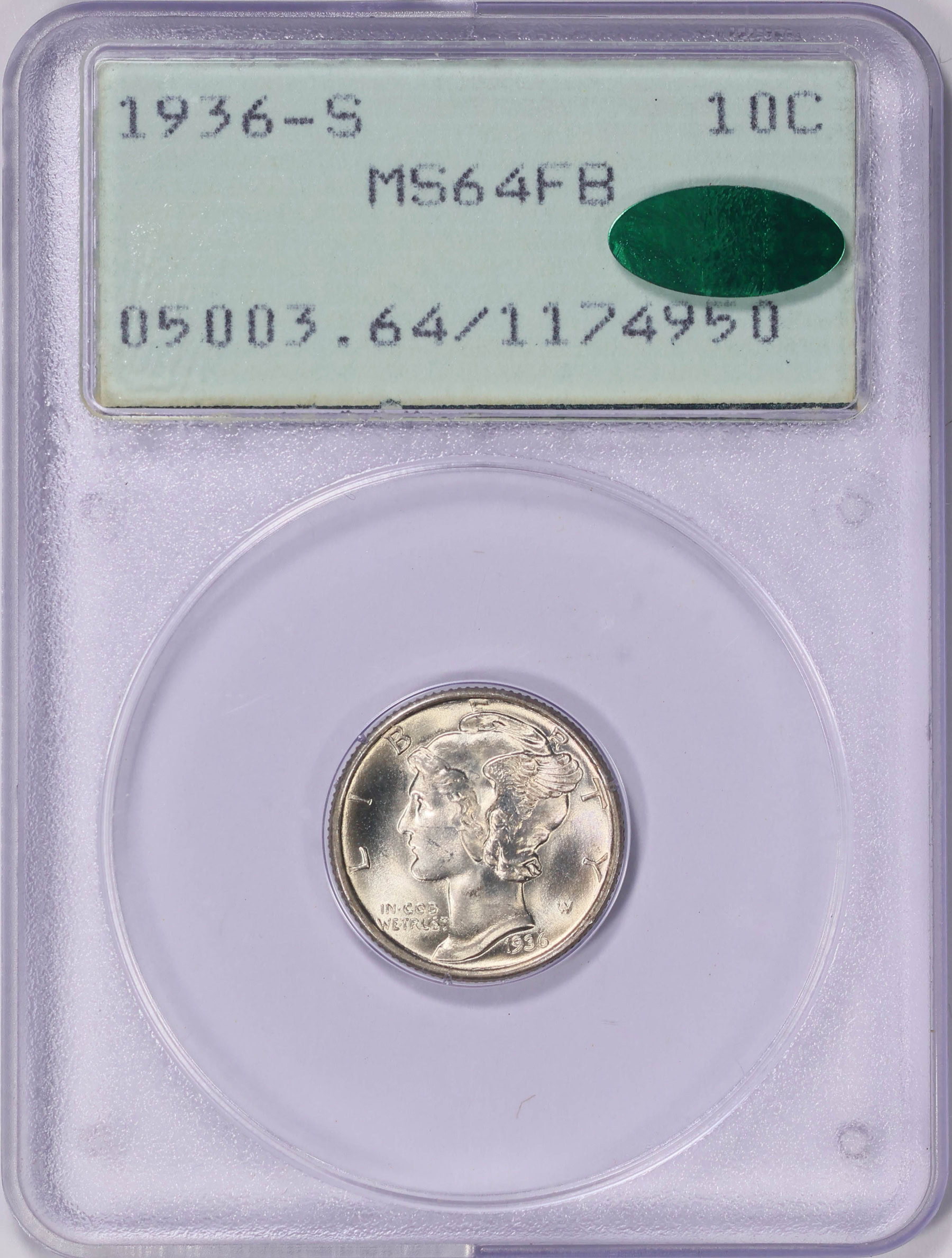 1936-S Mercury Dime PCGS MS-64 FB (CAC Green) OGH (1st Gen) (Item 1815101) | GreatCollections ...