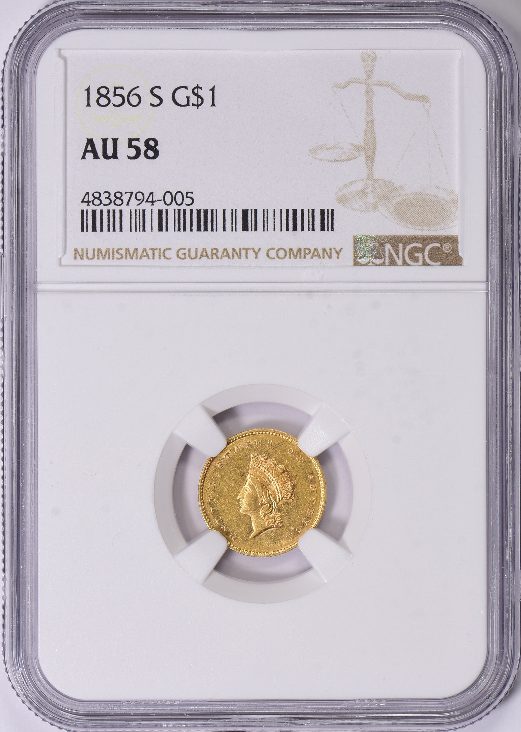 1856-S Indian Princess Gold Dollar NGC AU-58 (Item 1815128) | GreatCollections Coin Auctions