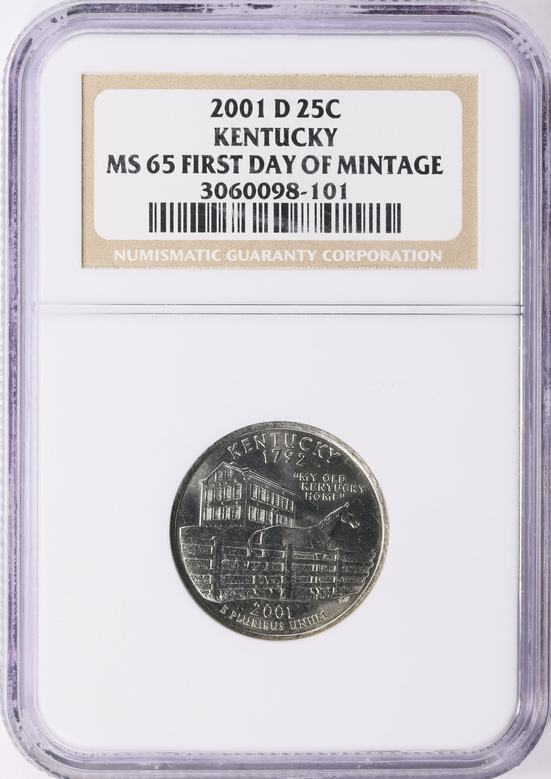 2001-D State Quarter Kentucky First Day of Mintage NGC MS-65 (Item ...
