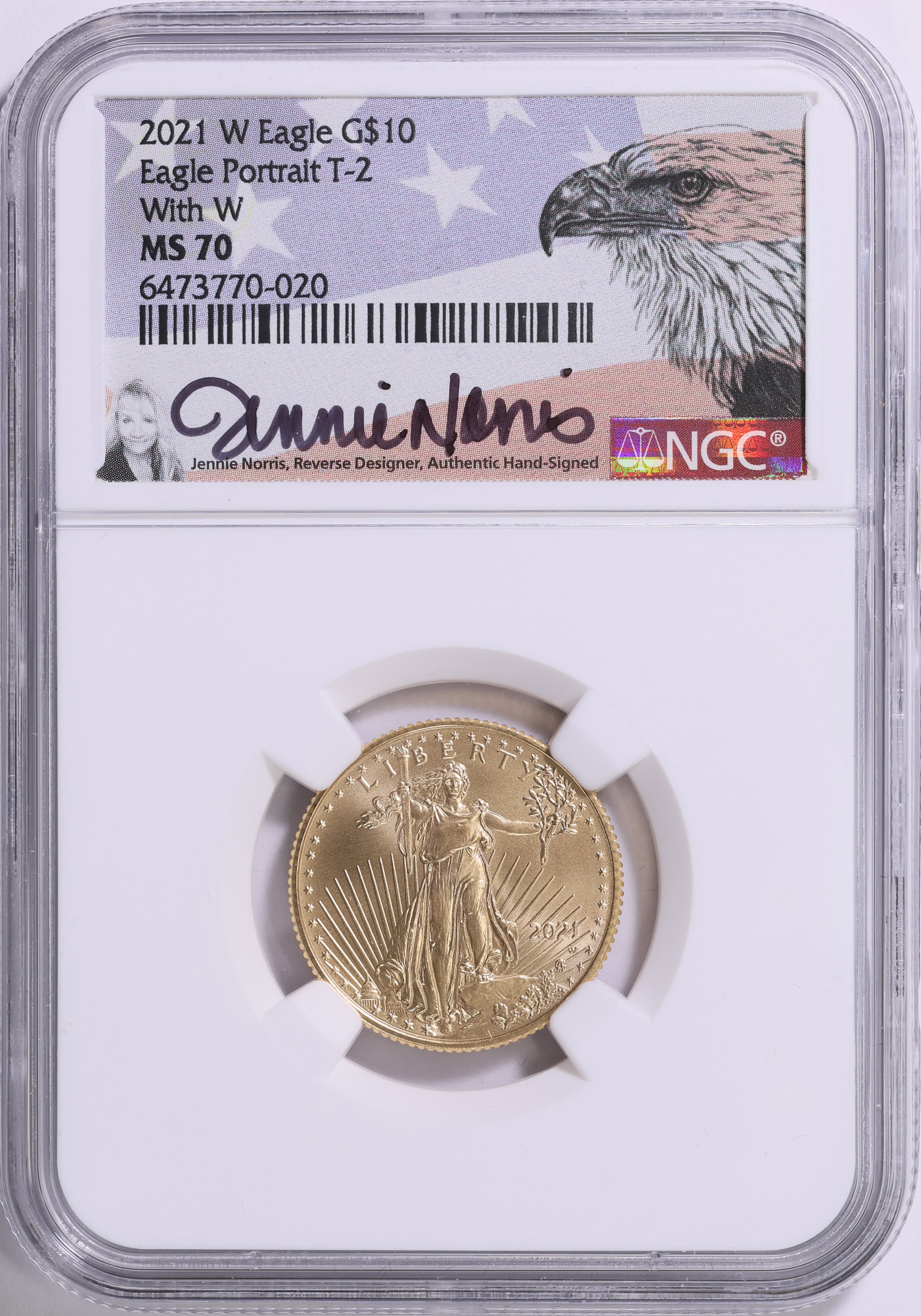 2021-W $10 Quarter-Ounce Gold American Eagle Type 2 Unfinished Proof Dies NGC MS-70 (Jennie ...