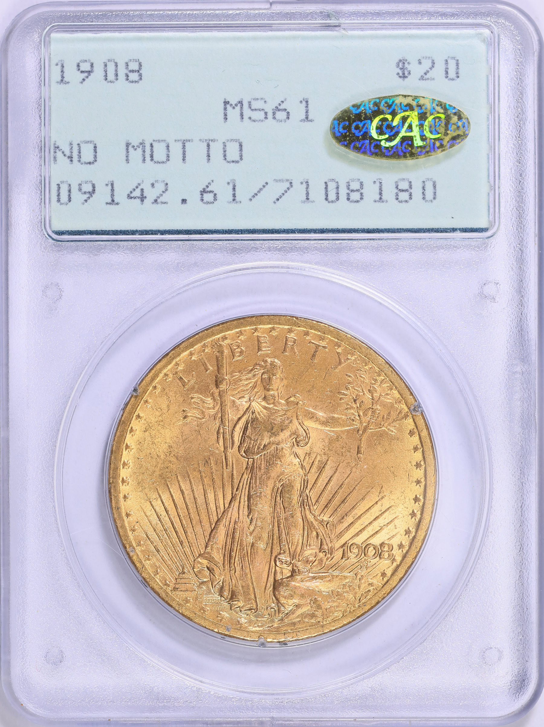 1908 Saint-Gaudens Gold Double Eagle No Motto PCGS MS-61 (CAC Gold) OGH (1st Gen) (Item 1816815 ...