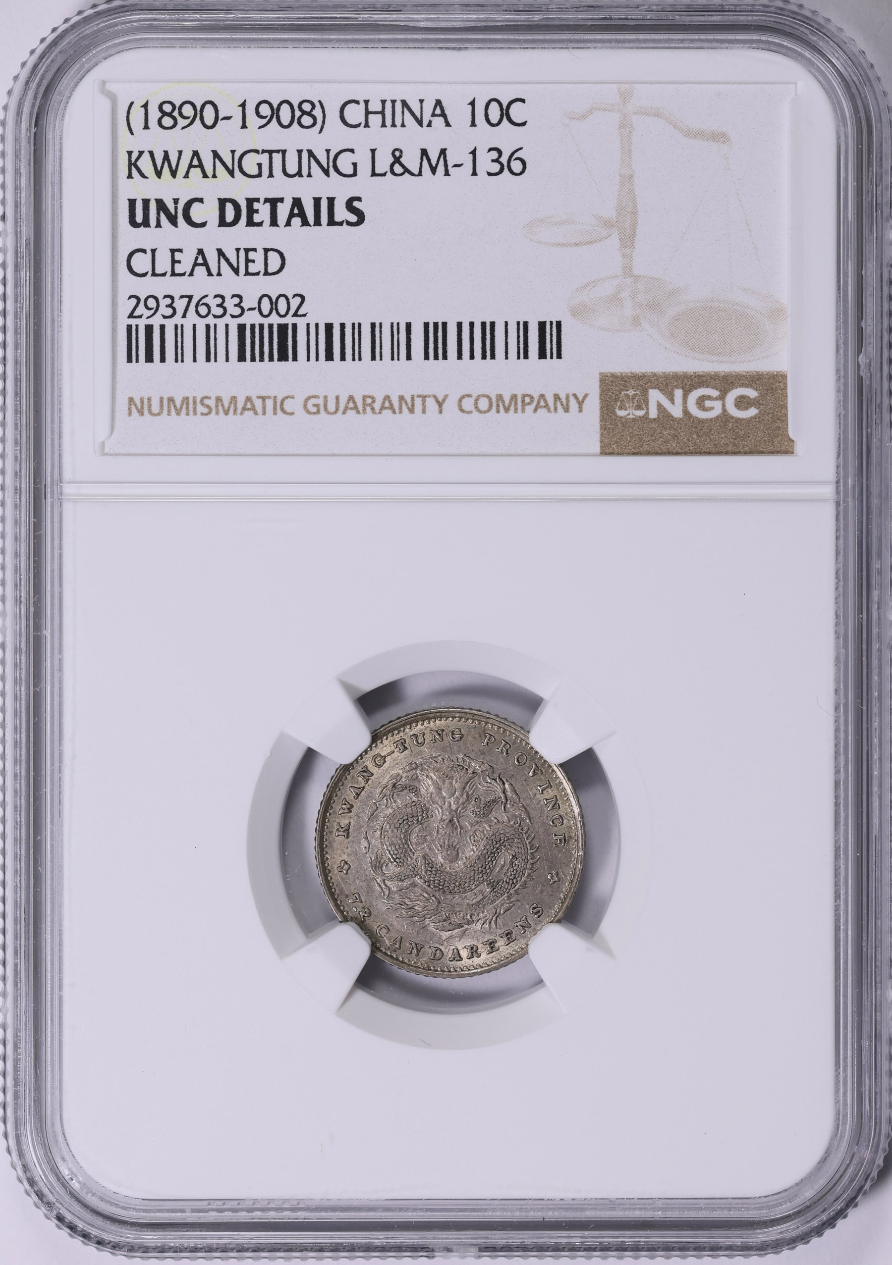 China - Kwangtung Province ND (1890-1908) Silver 7.2 Candareens (10 Cents) Y-200 NGC Unc Details ...