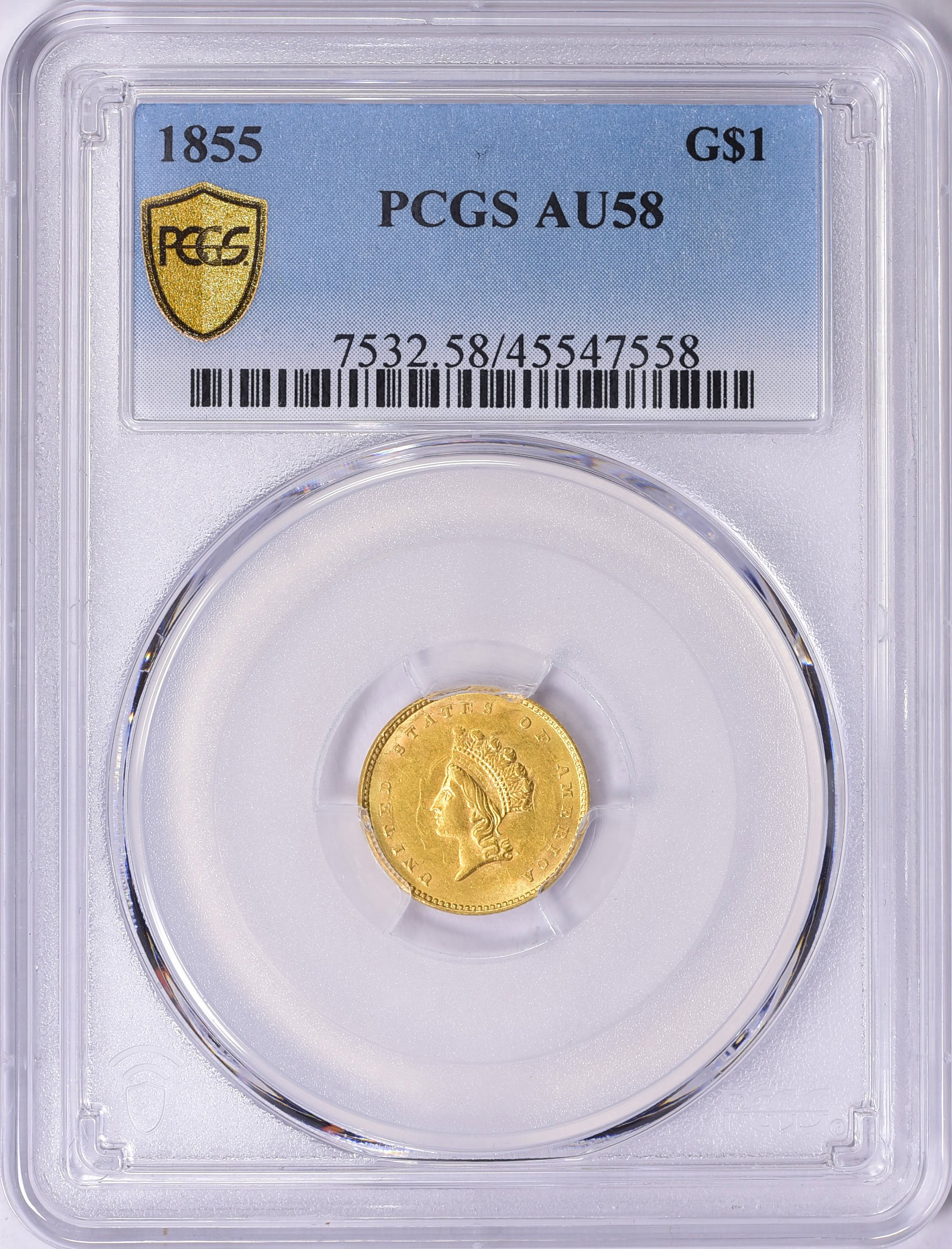 1855 Indian Princess Gold Dollar PCGS AU-58 (Item 1817151) | GreatCollections Coin Auctions