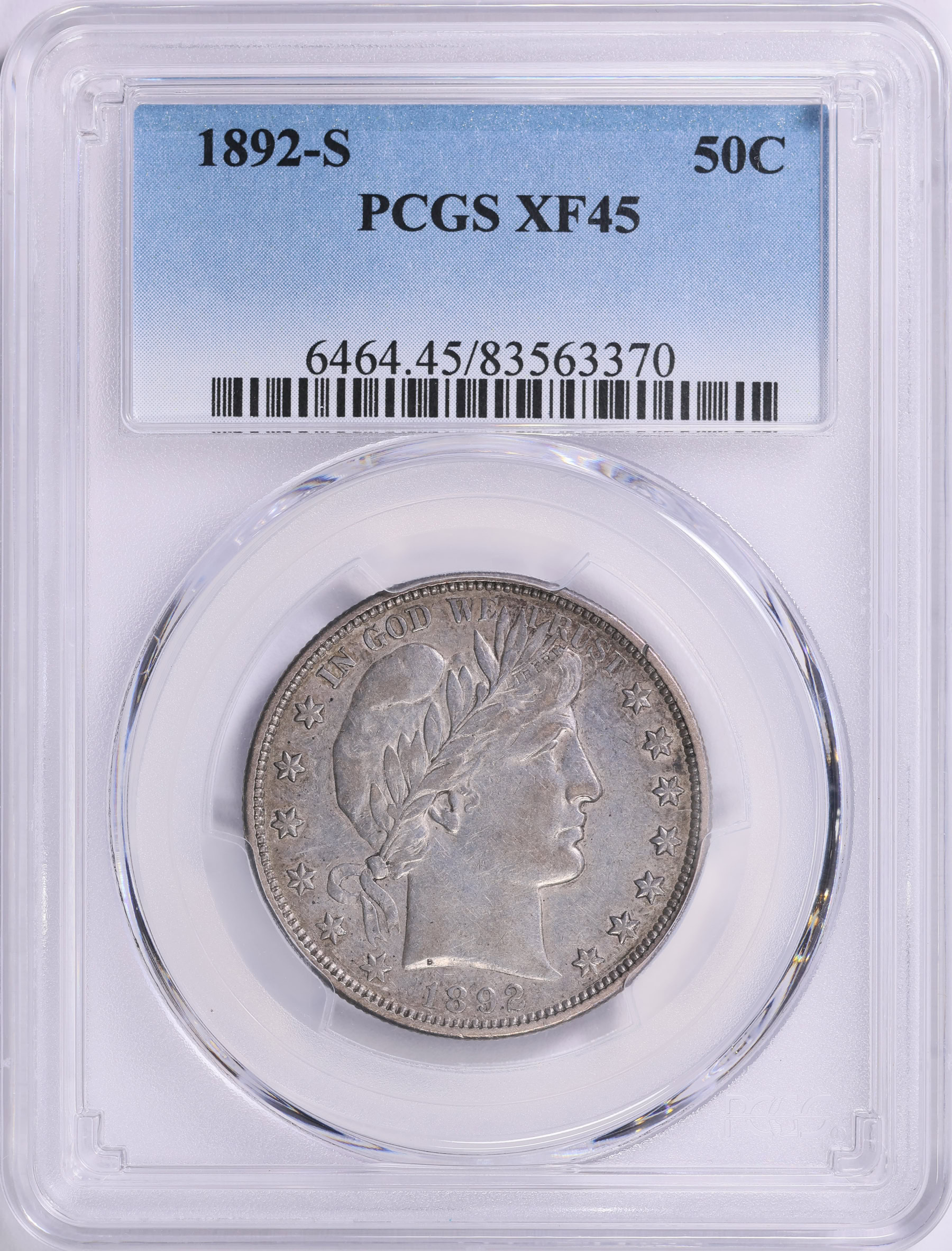 1892-S Barber Half Dollar PCGS XF-45 (Item 1817169) | GreatCollections Coin Auctions