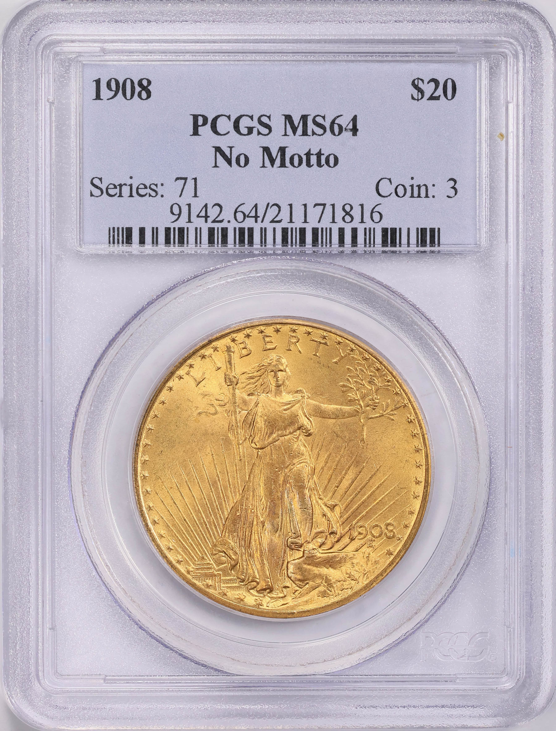 1908 Saint-Gaudens Gold Double Eagle No Motto PCGS MS-64 (Item 1817172) | GreatCollections Coin ...