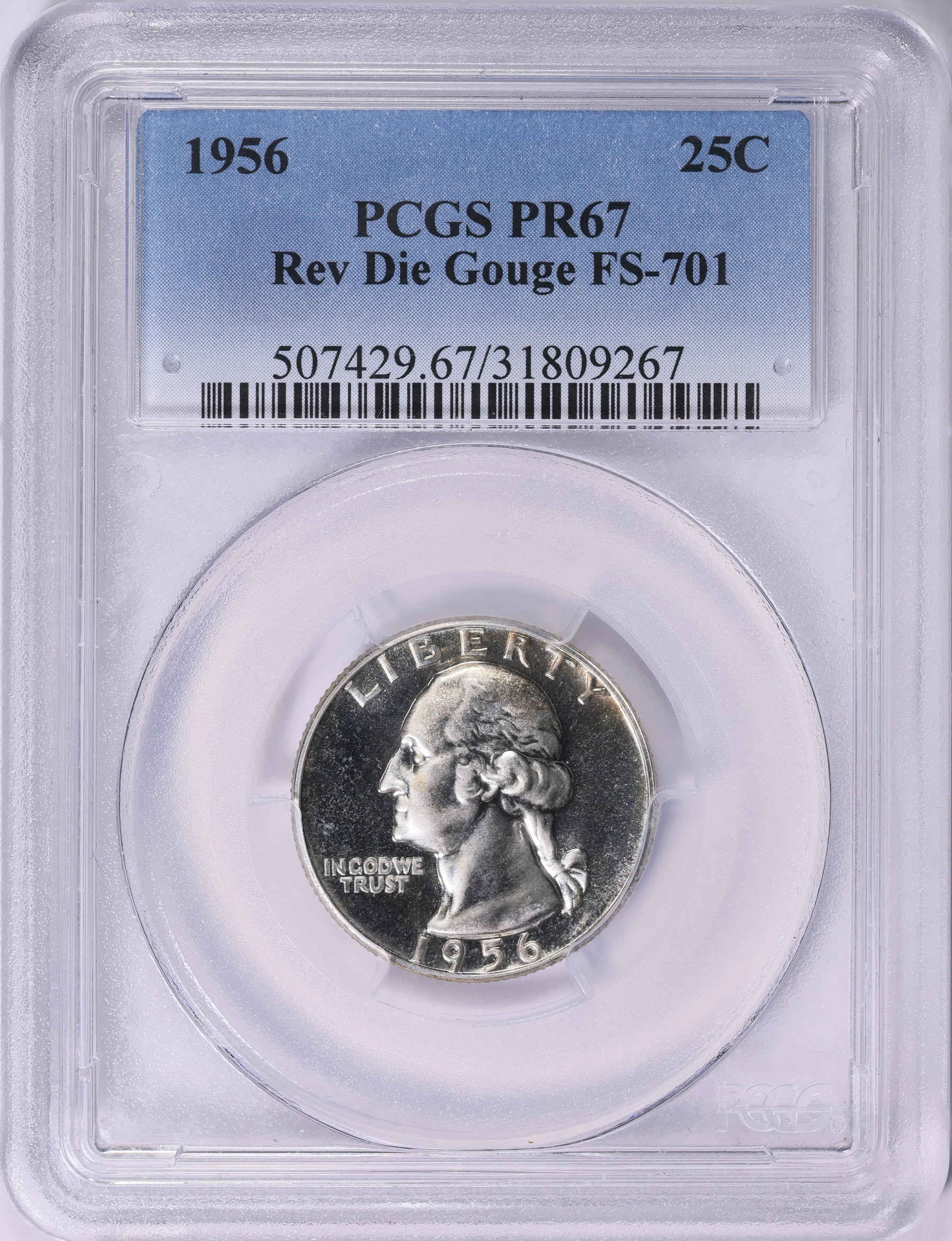 1956 Washington Quarter Reverse Die Gouge FS-701 PCGS Proof-67 (Item 1817239) | GreatCollections ...
