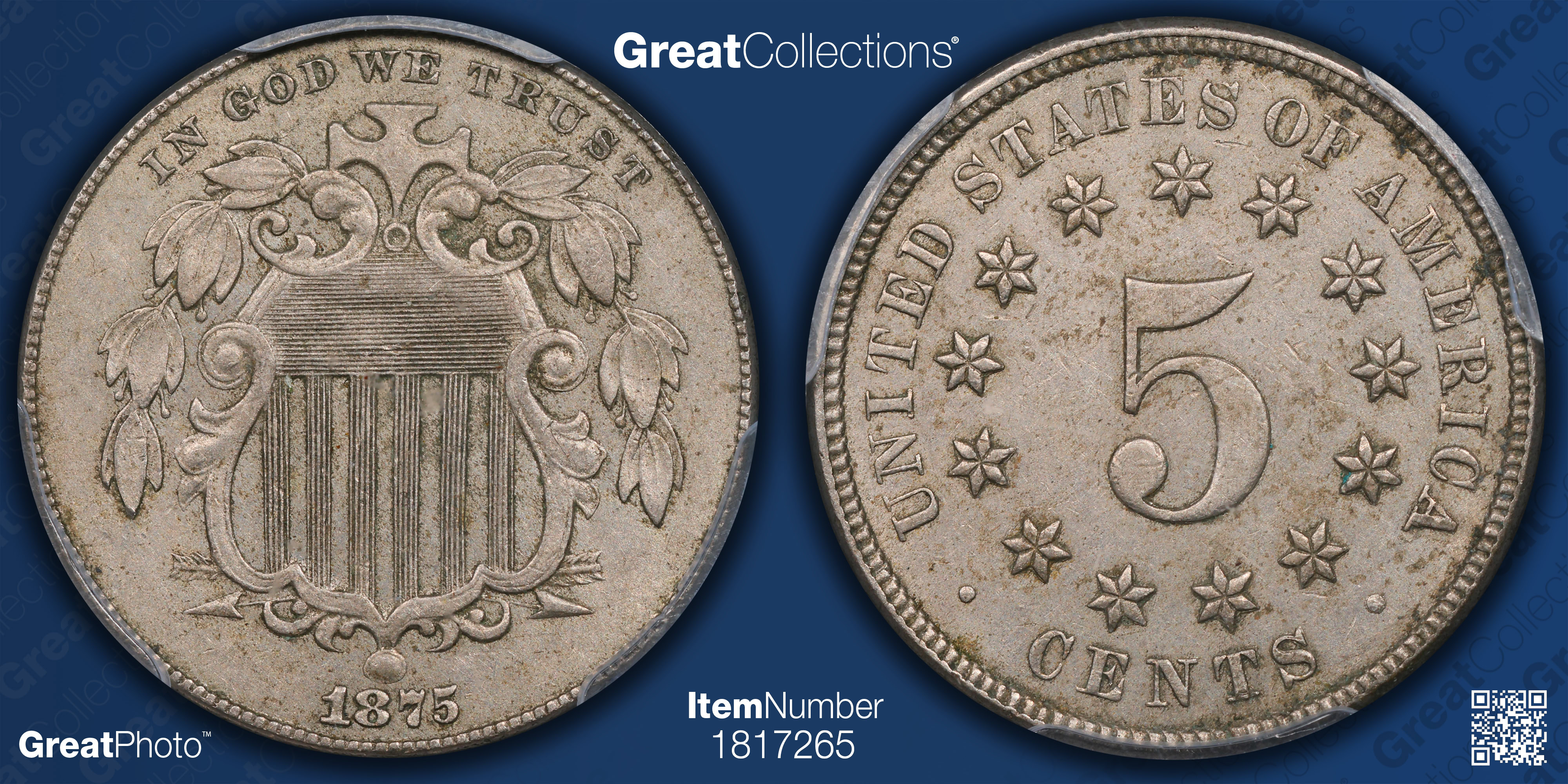 1875 Shield Nickel PCGS AU-55 (Item 1817265) | GreatCollections Coin ...
