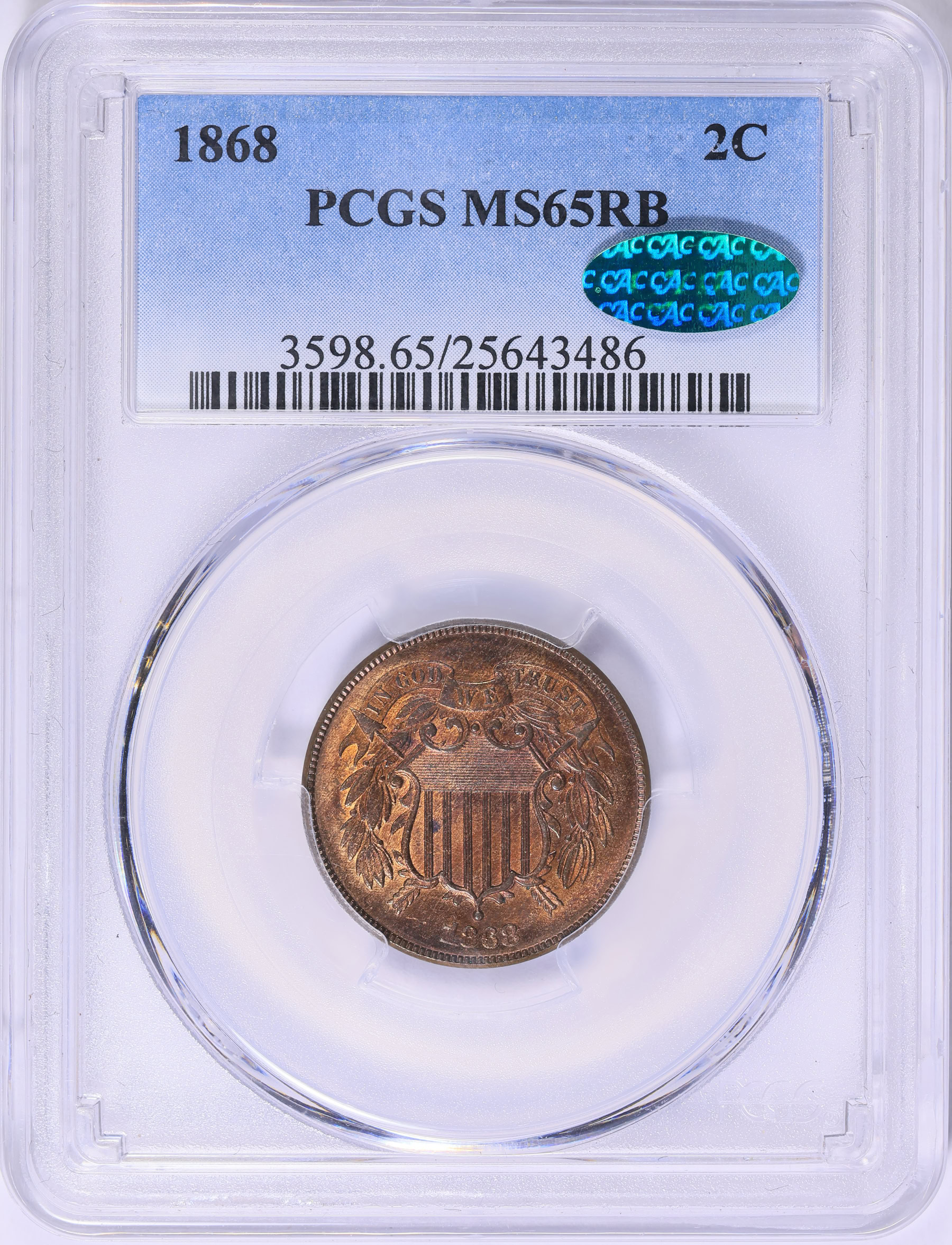 1868 Two-Cent Piece PCGS MS-65 RB (CAC Green) (Item 1817384) | GreatCollections Coin Auctions