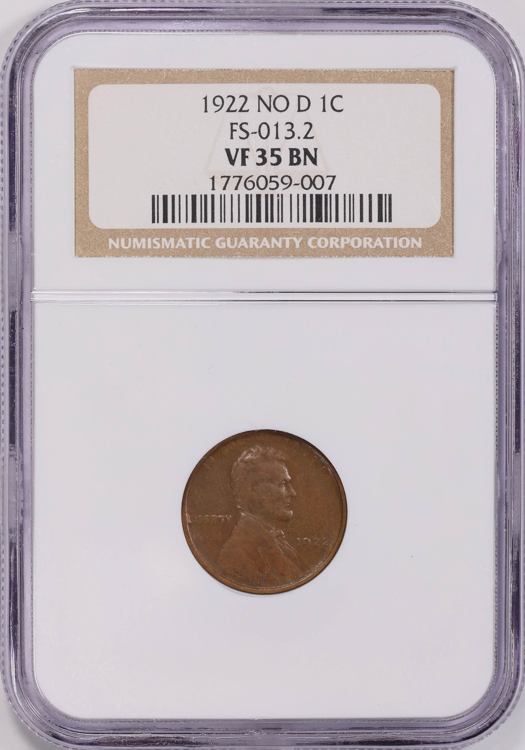 1922-No D Lincoln Cent FS-013.2 NGC VF-35 BN (Item 1817400) | GreatCollections Coin Auctions