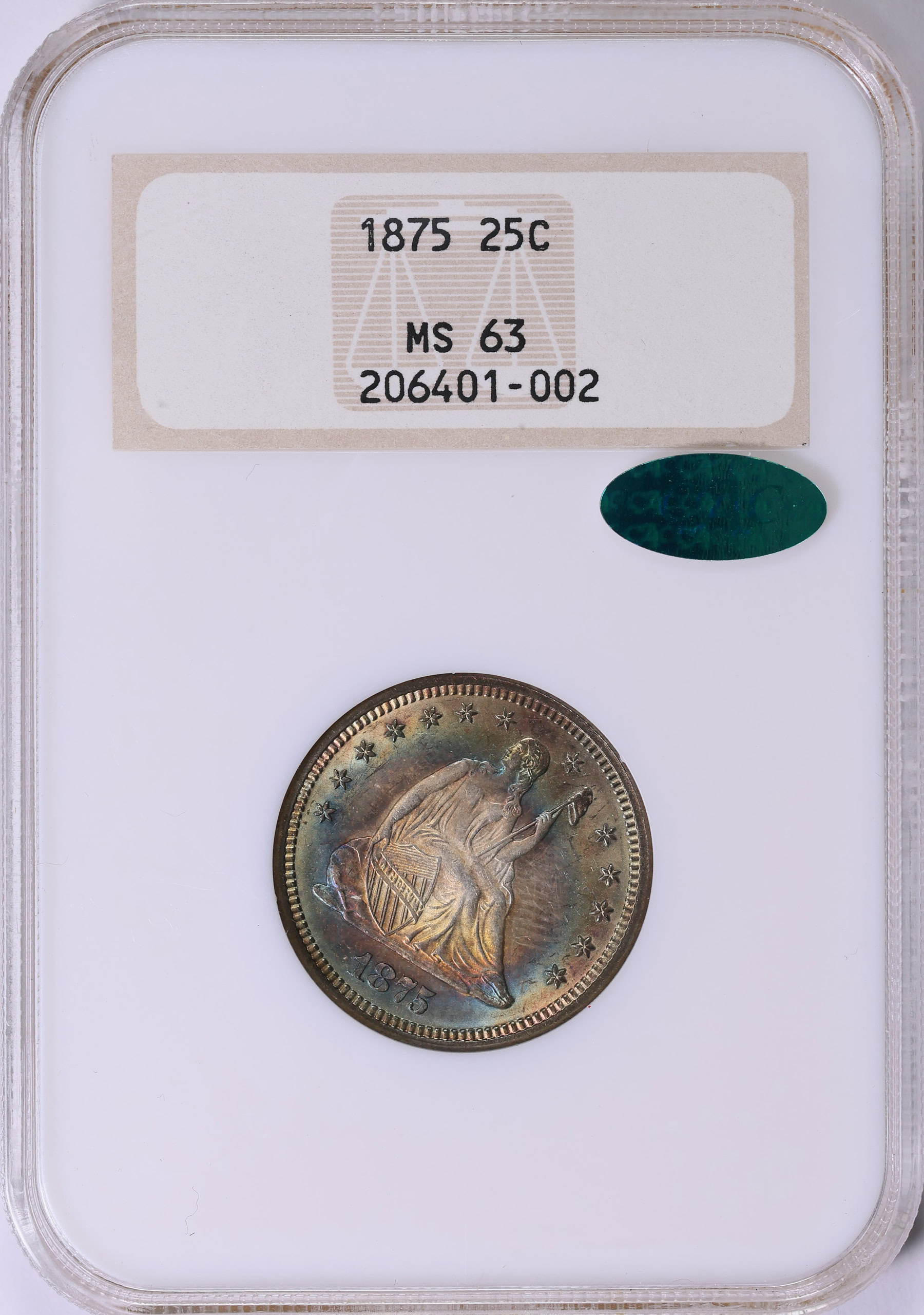1875 Seated Liberty Quarter NGC MS-63 (CAC Green) OH (Toned) (Item 1817412) | GreatCollections ...
