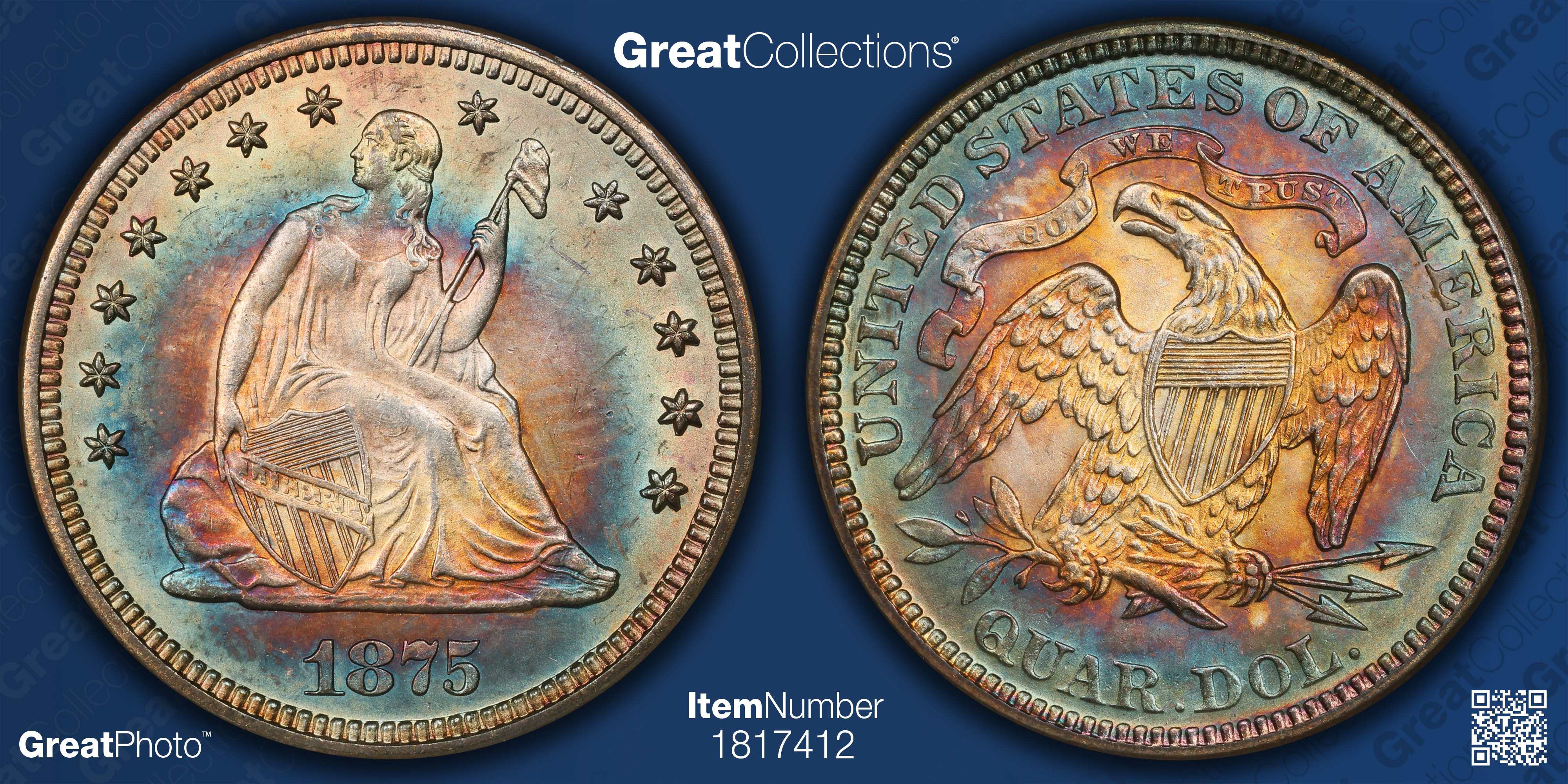 1875 Seated Liberty Quarter NGC MS-63 (CAC Green) OH (Toned) (Item ...