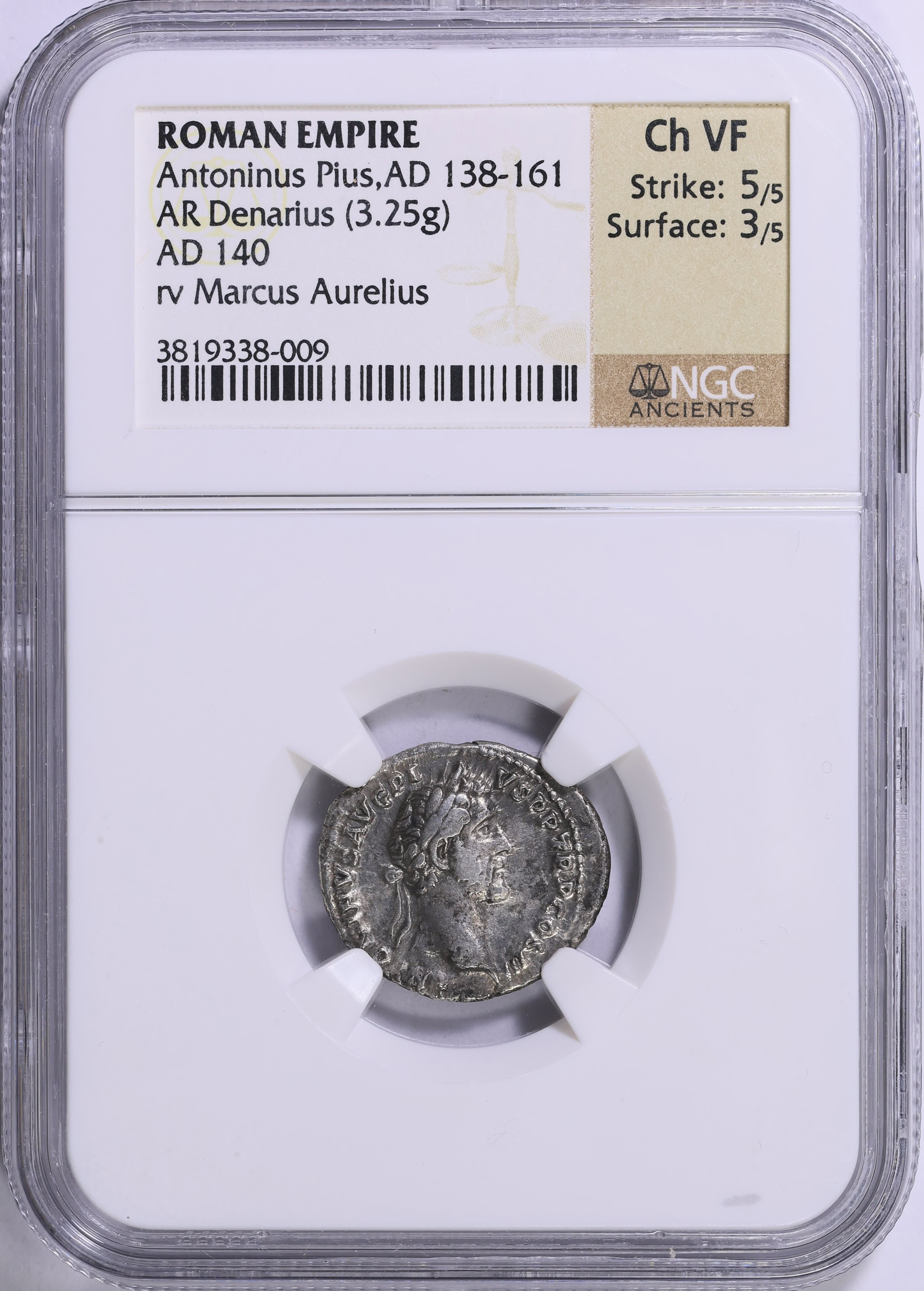 Ancient Roman Empire, Antoninus Pius (A.D. 138-161) A.D. 140 AR Denarius (3.25gms) Rome Mint NGC ...
