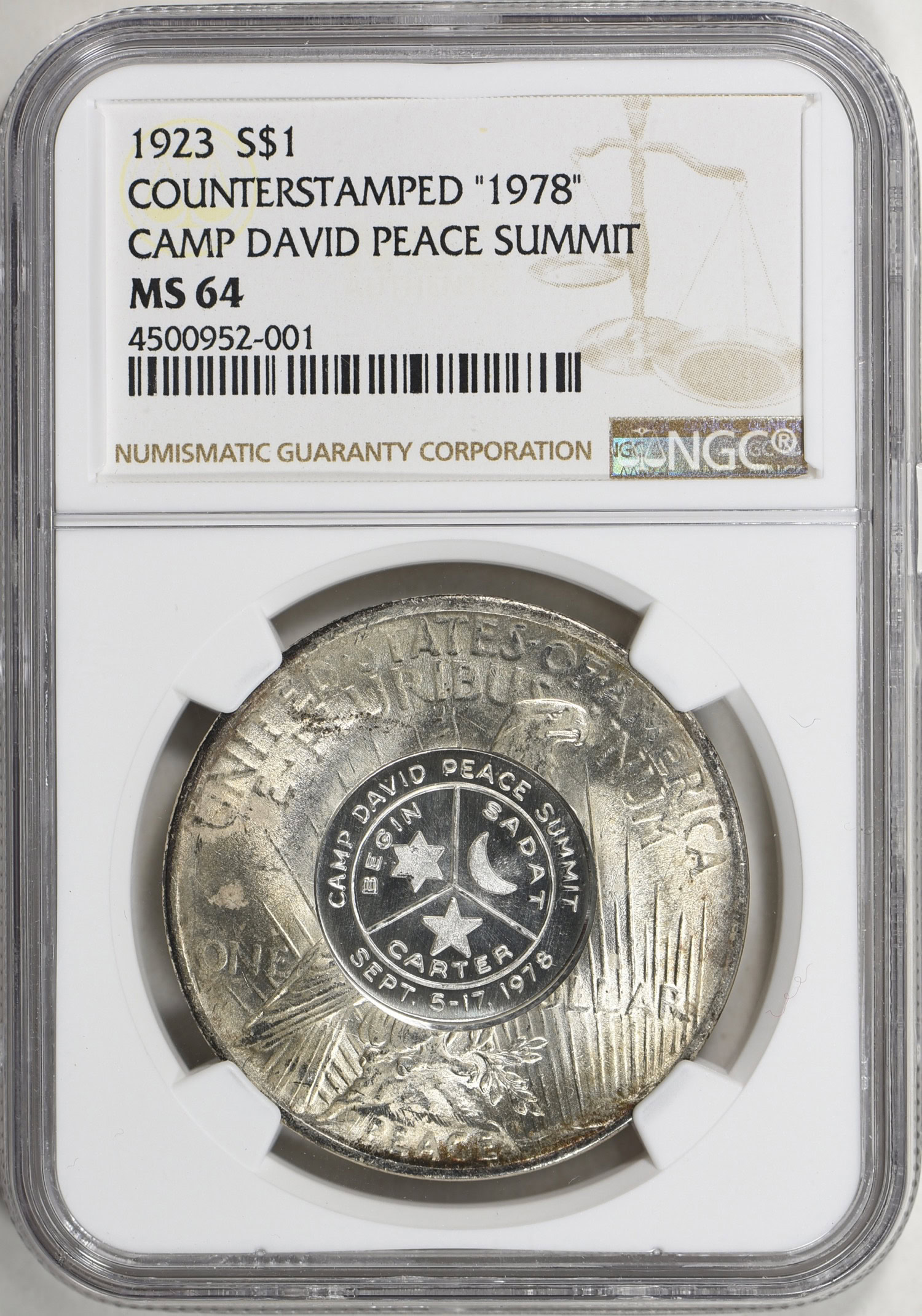 1923 Peace Silver Dollar Counterstamped "1978" Camp David Peace Summit ...