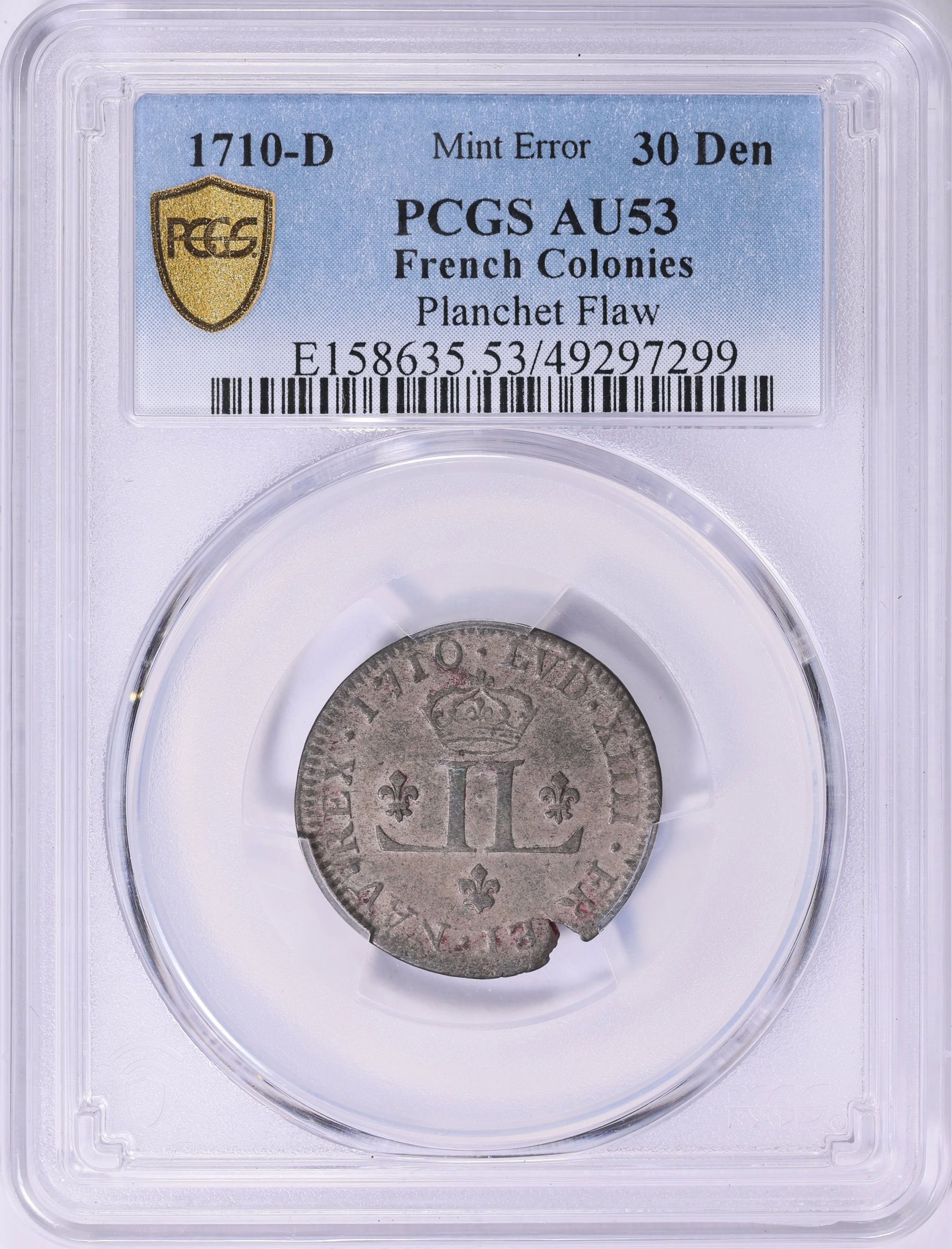 French Colonies Mint Error 1710-D 30 Deniers KM-378.2 Planchet Flaw ...