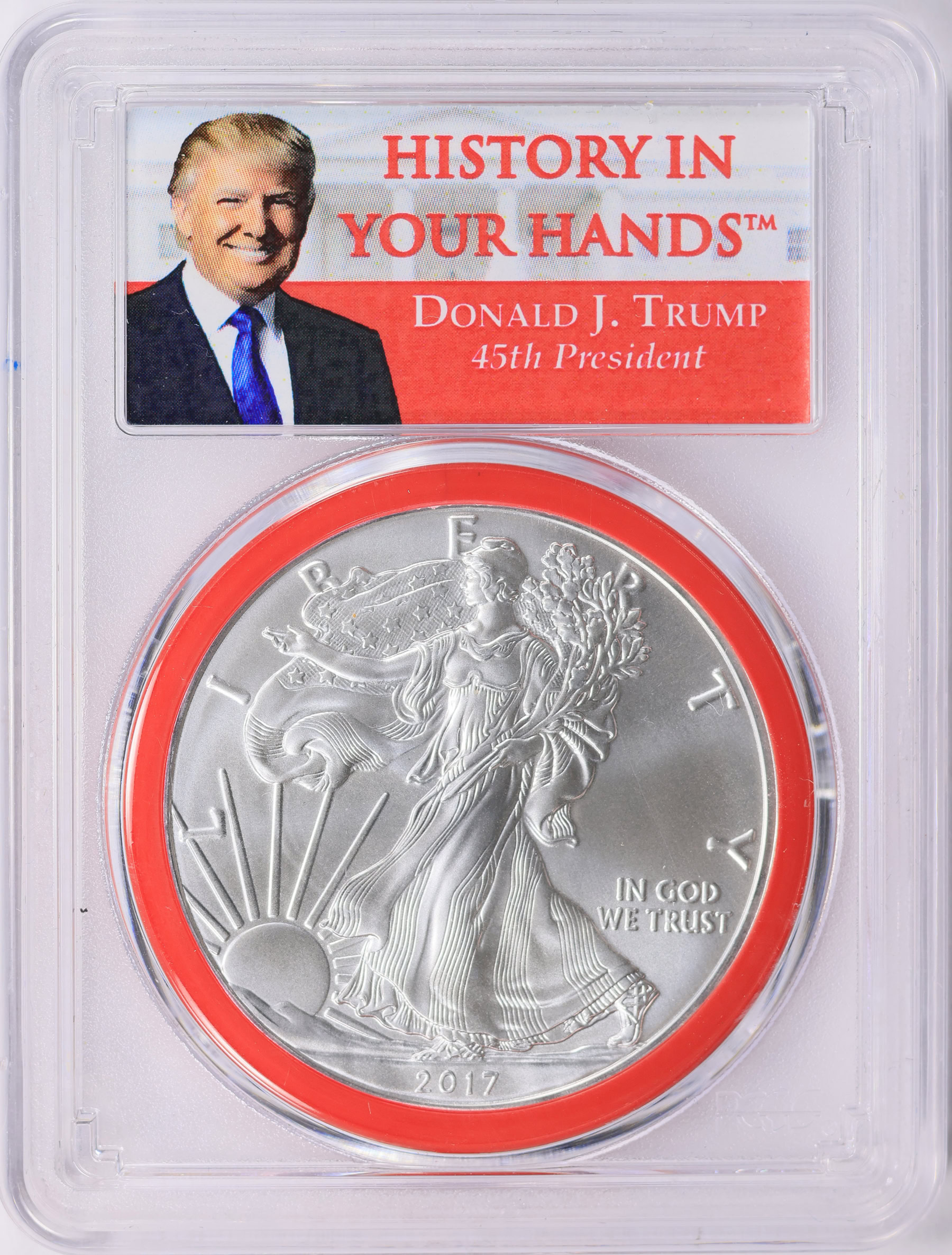2017 $1 Silver Eagle First Strike PCGS MS-70 (Donald J. Trump Label) (Red Gasket Holder) (Item ...