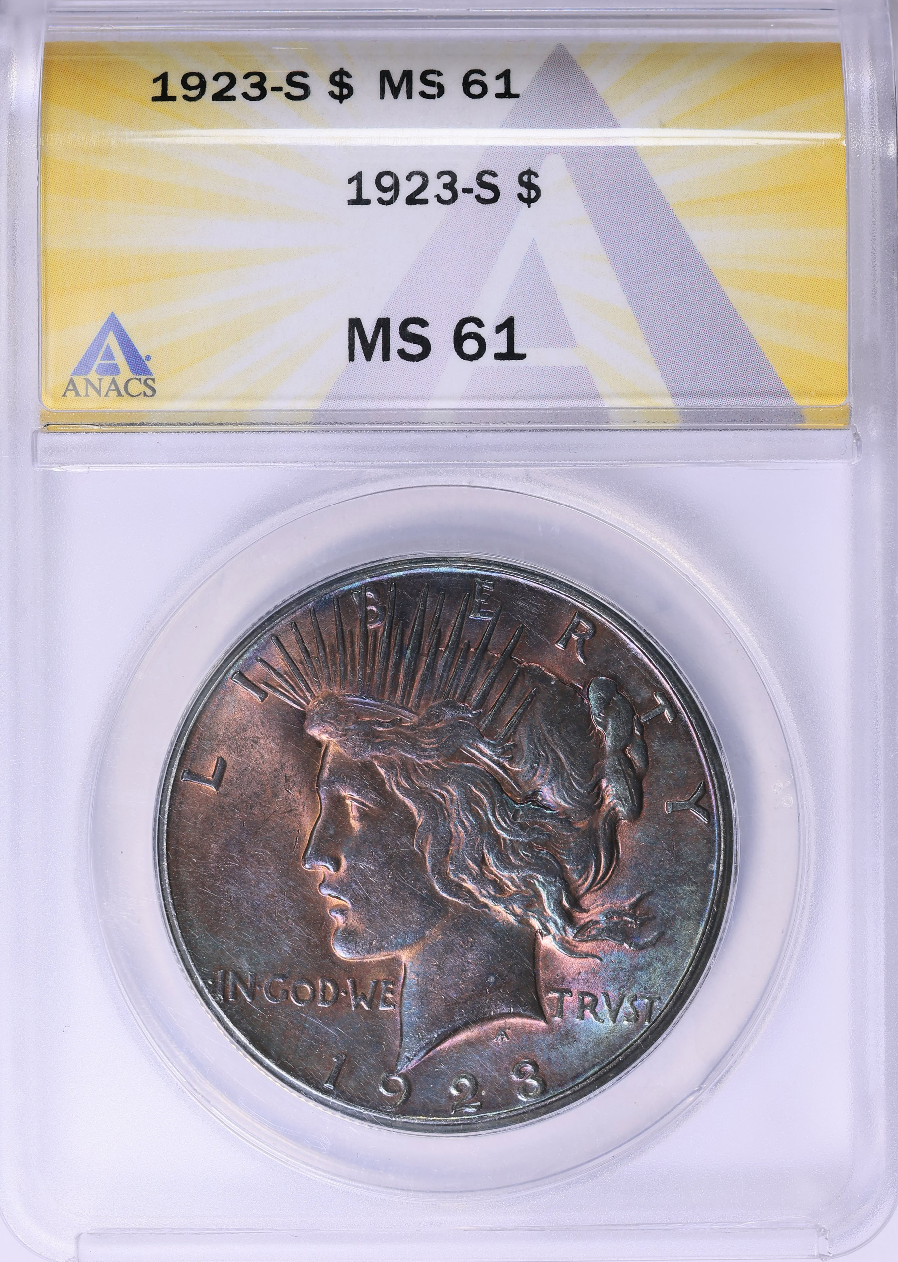 1923-S Peace Silver Dollar ANACS MS-61 (Toned) (Item 1817722) | GreatCollections Coin Auctions