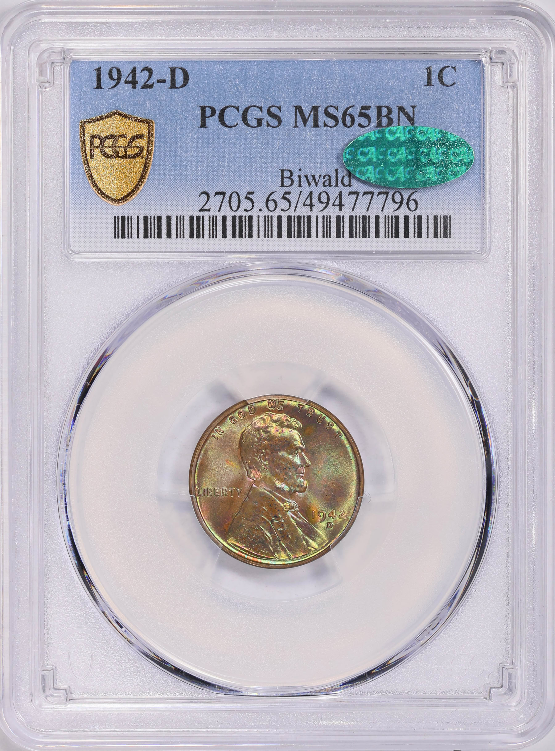 1942-D Lincoln Cent PCGS MS-65 BN (CAC Green) (Toned) (Biwald Collection) (Item 1817800 ...