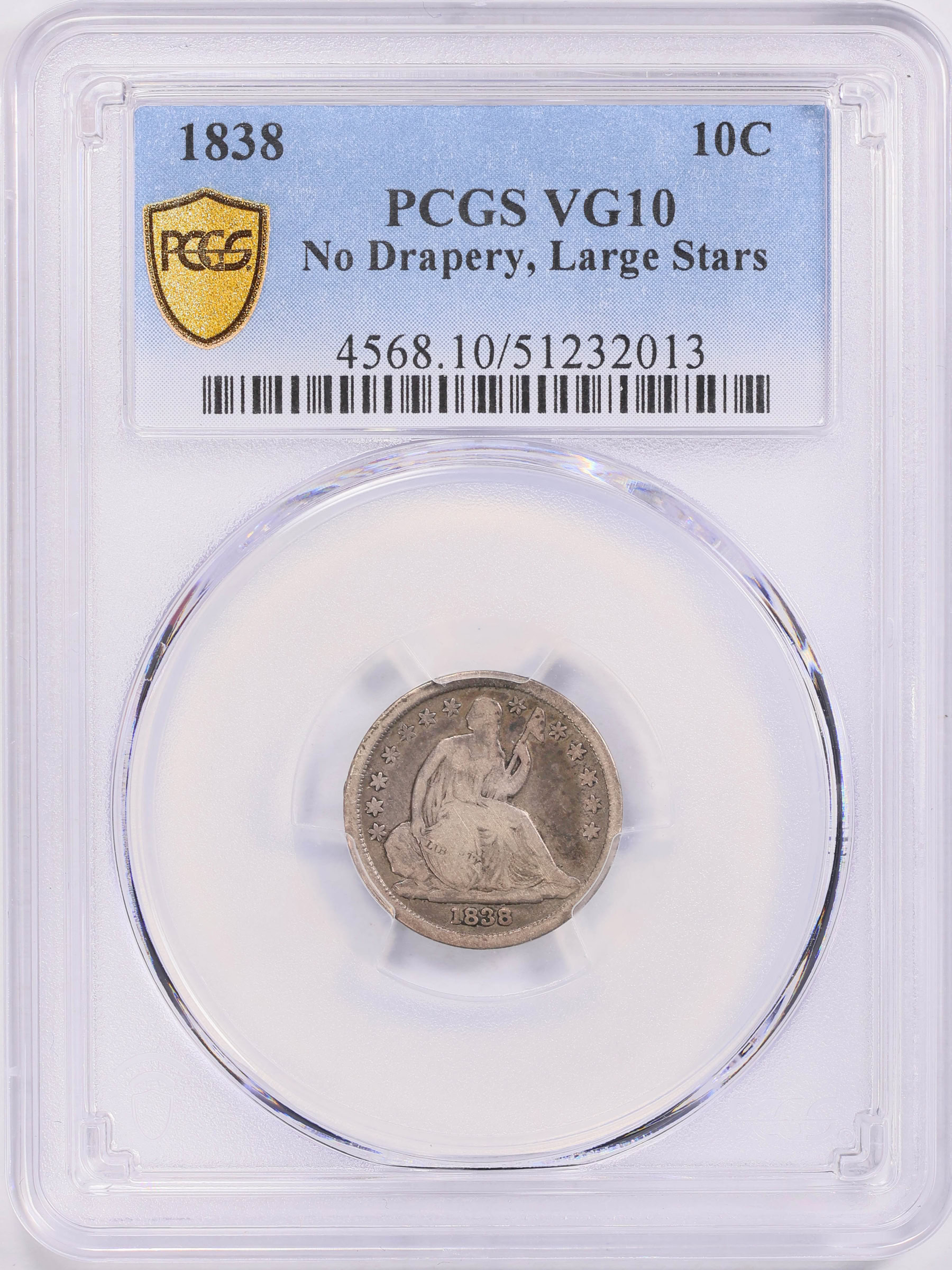 1838 Seated Liberty Dime No Drapery. Large Stars PCGS VG-10 (Item 1817843) | GreatCollections ...