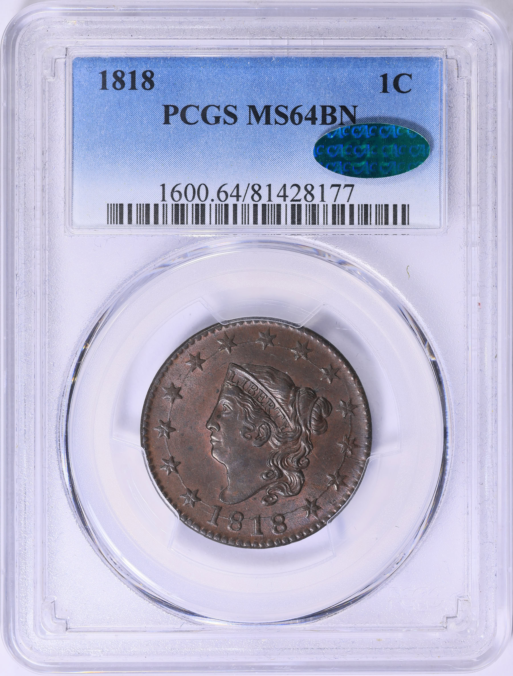 1818 Matron Cent PCGS MS-64 BN (CAC Green) (Item 1817917) | GreatCollections Coin Auctions