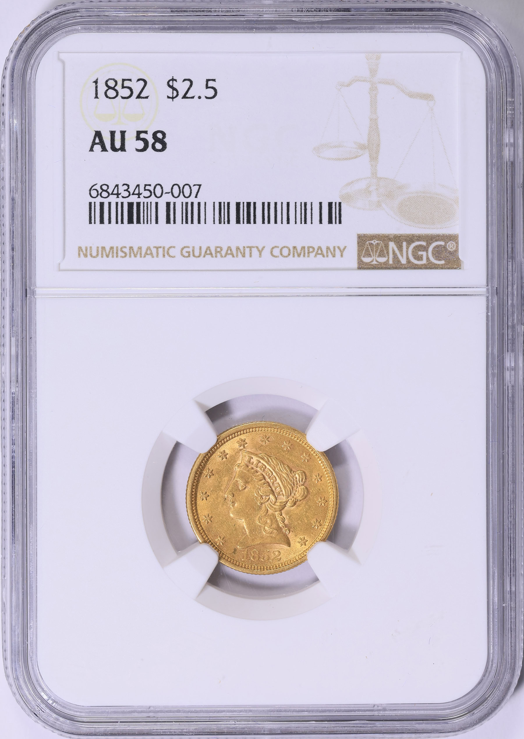 1852 Liberty Gold Quarter Eagle NGC AU-58 (Item 1818107) | GreatCollections Coin Auctions