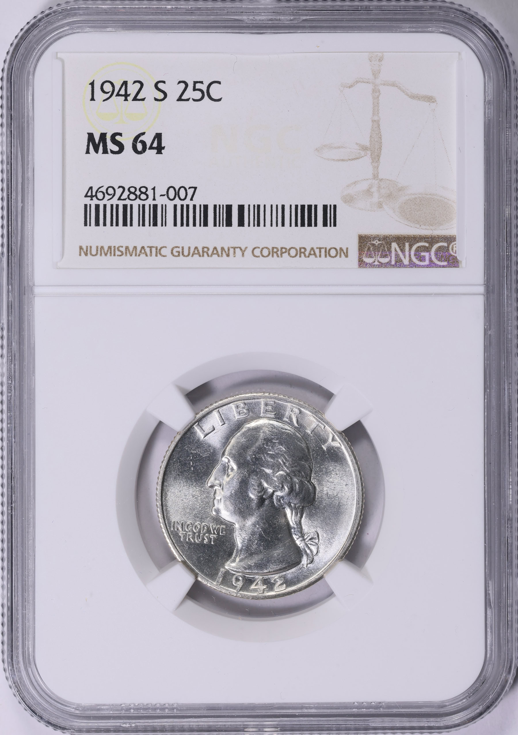 1942-S Washington Quarter NGC MS-64 (Item 1818166) | GreatCollections Coin Auctions
