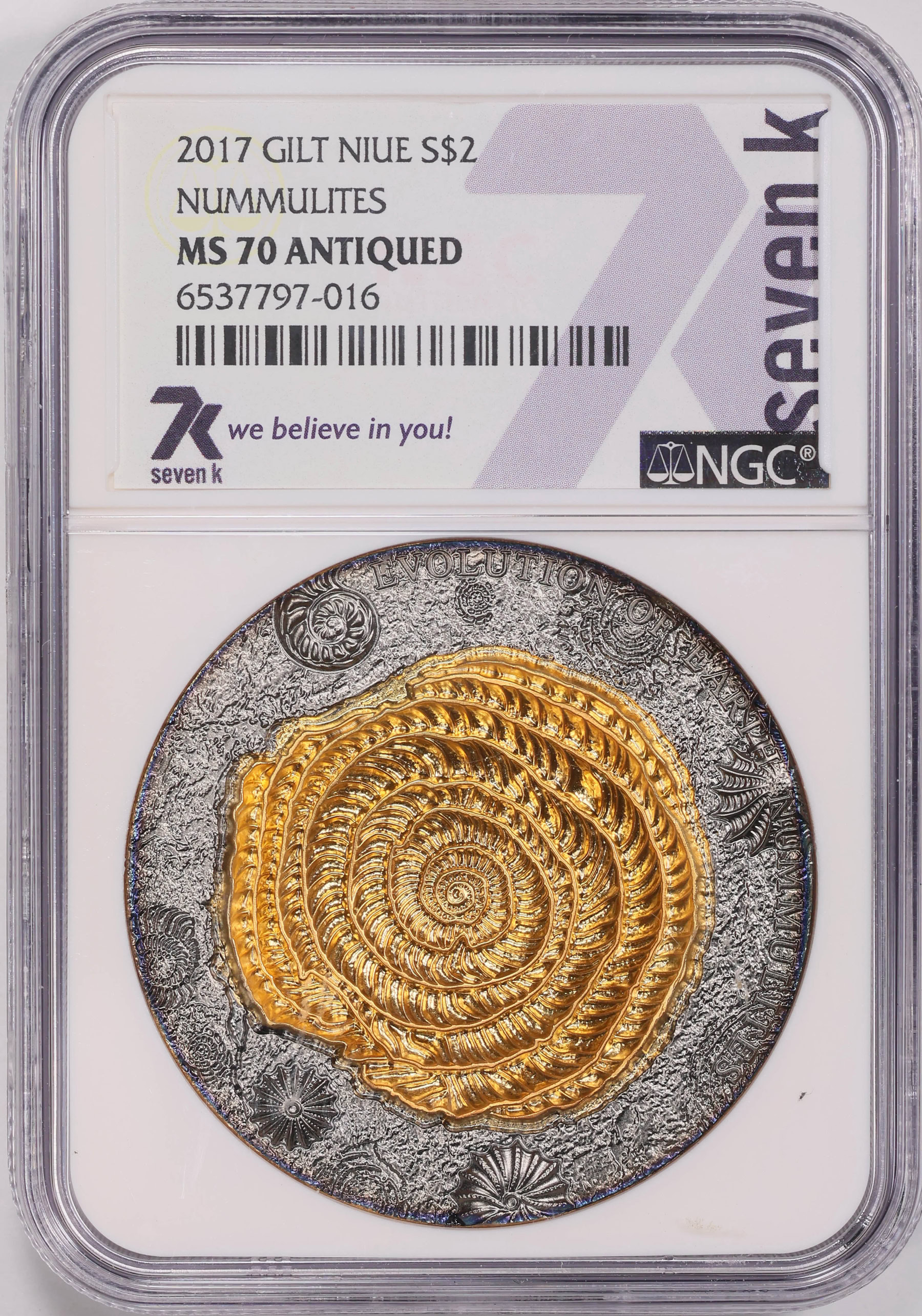 Niue 2017 Silver $2 Nummulites Gilt Antiqued KM-1875 NGC MS-70 (ASW = 1 ...