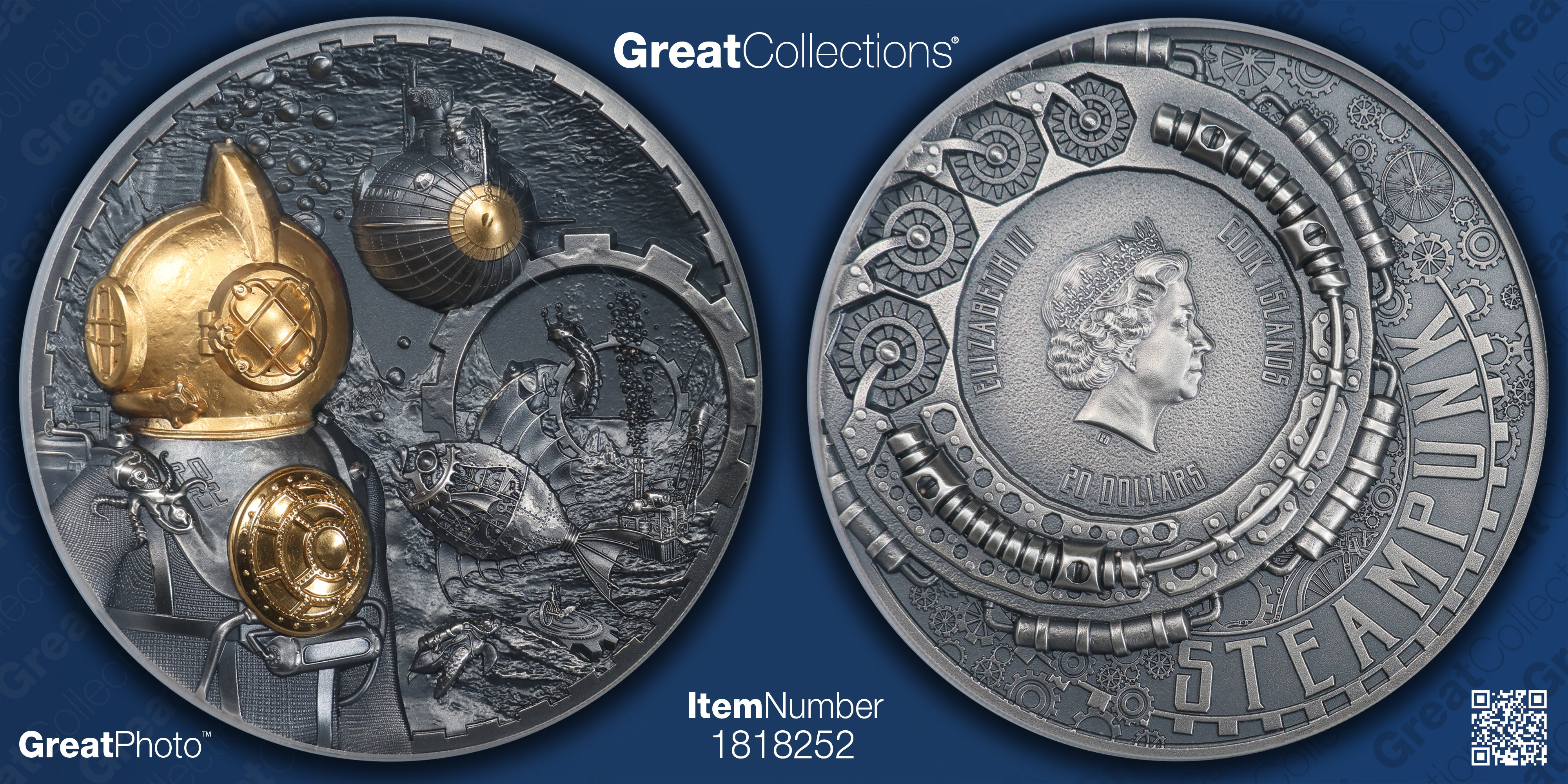 Cook Islands 2022 Gilt Silver $20 Steampunk Nautilus Antiqued NGC MS-70 ...