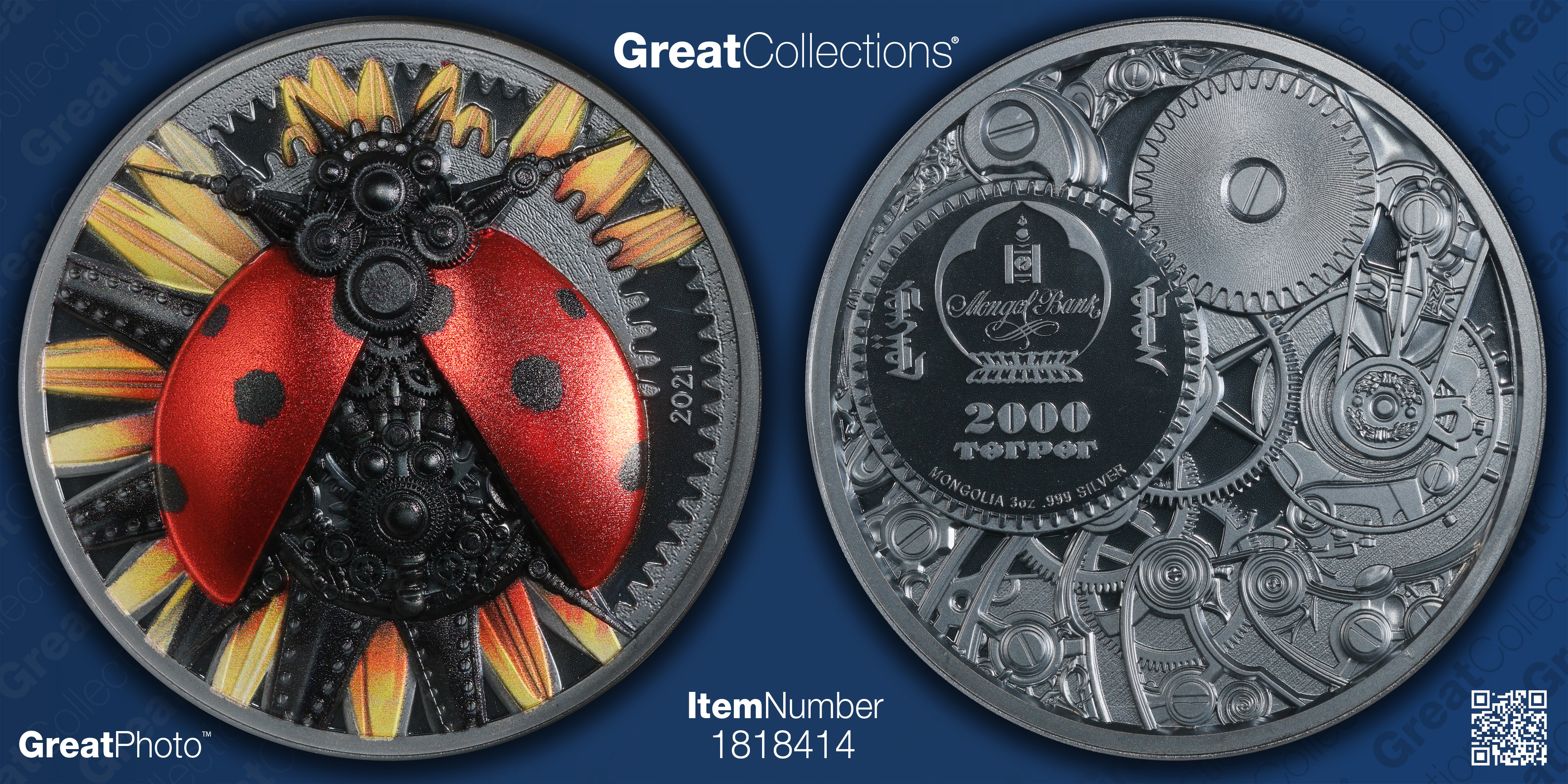 Mongolia 2021 Colorized Silver 2,000 Tugrik Clockwork Evolution, Mechanical Ladybug Black Proof ...