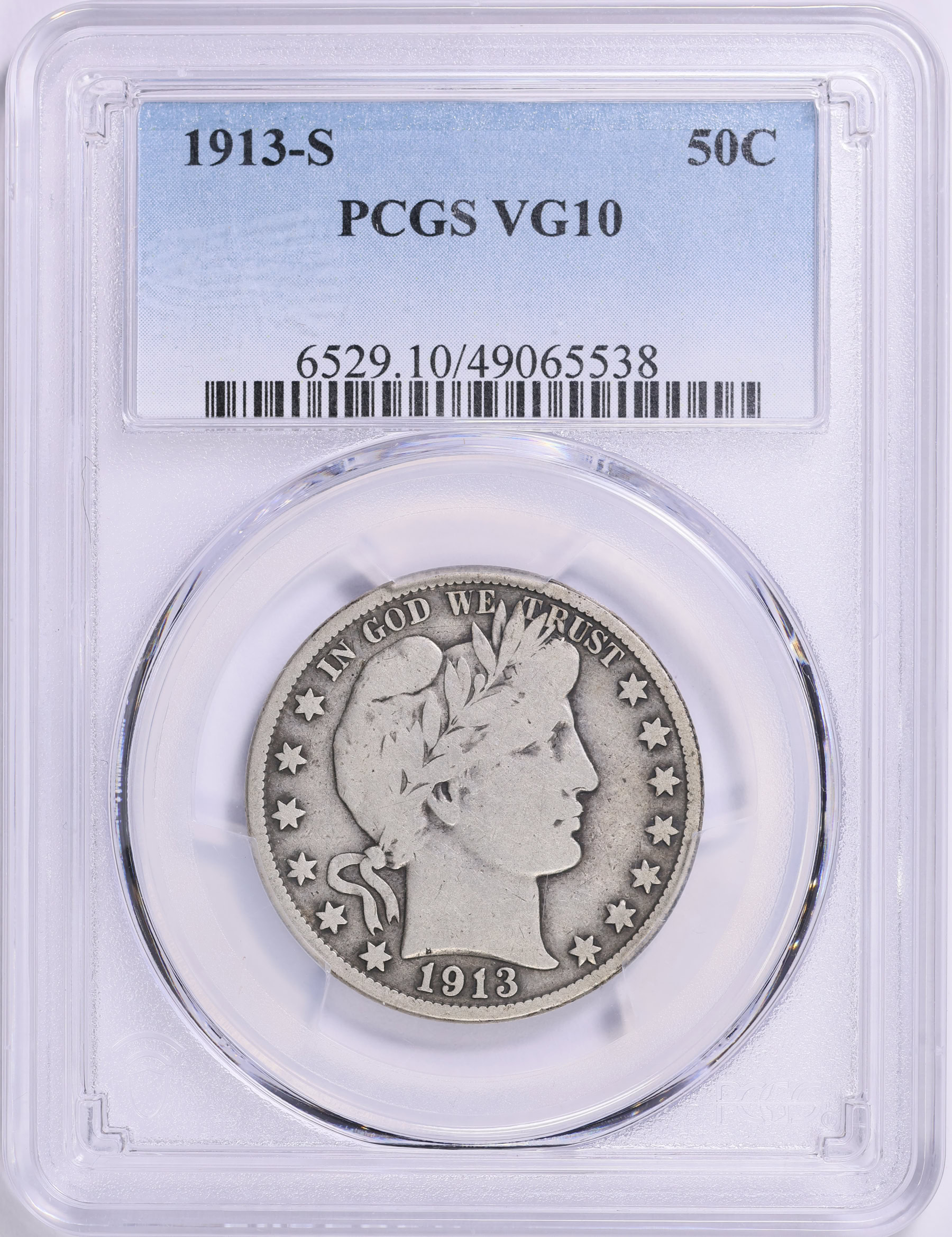 1913-S Barber Half Dollar PCGS VG-10 (Item 1818572) | GreatCollections Coin Auctions
