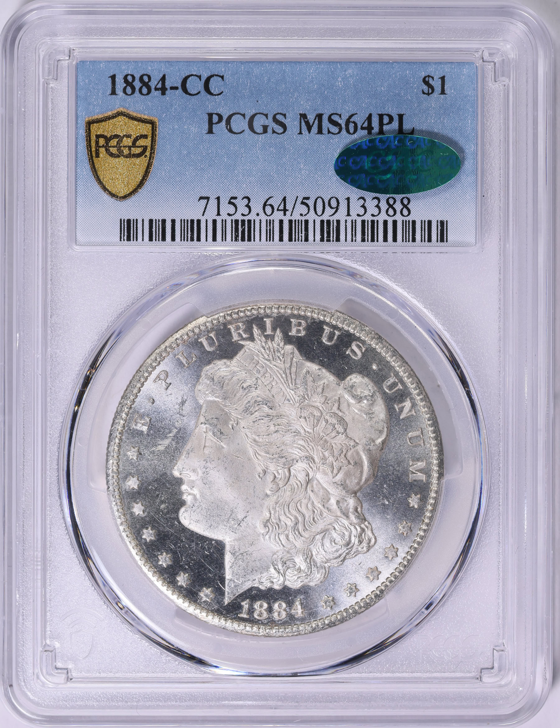 1884-CC Morgan Silver Dollar PCGS MS-64 PL (CAC Green) (Item 1818621) | GreatCollections Coin ...