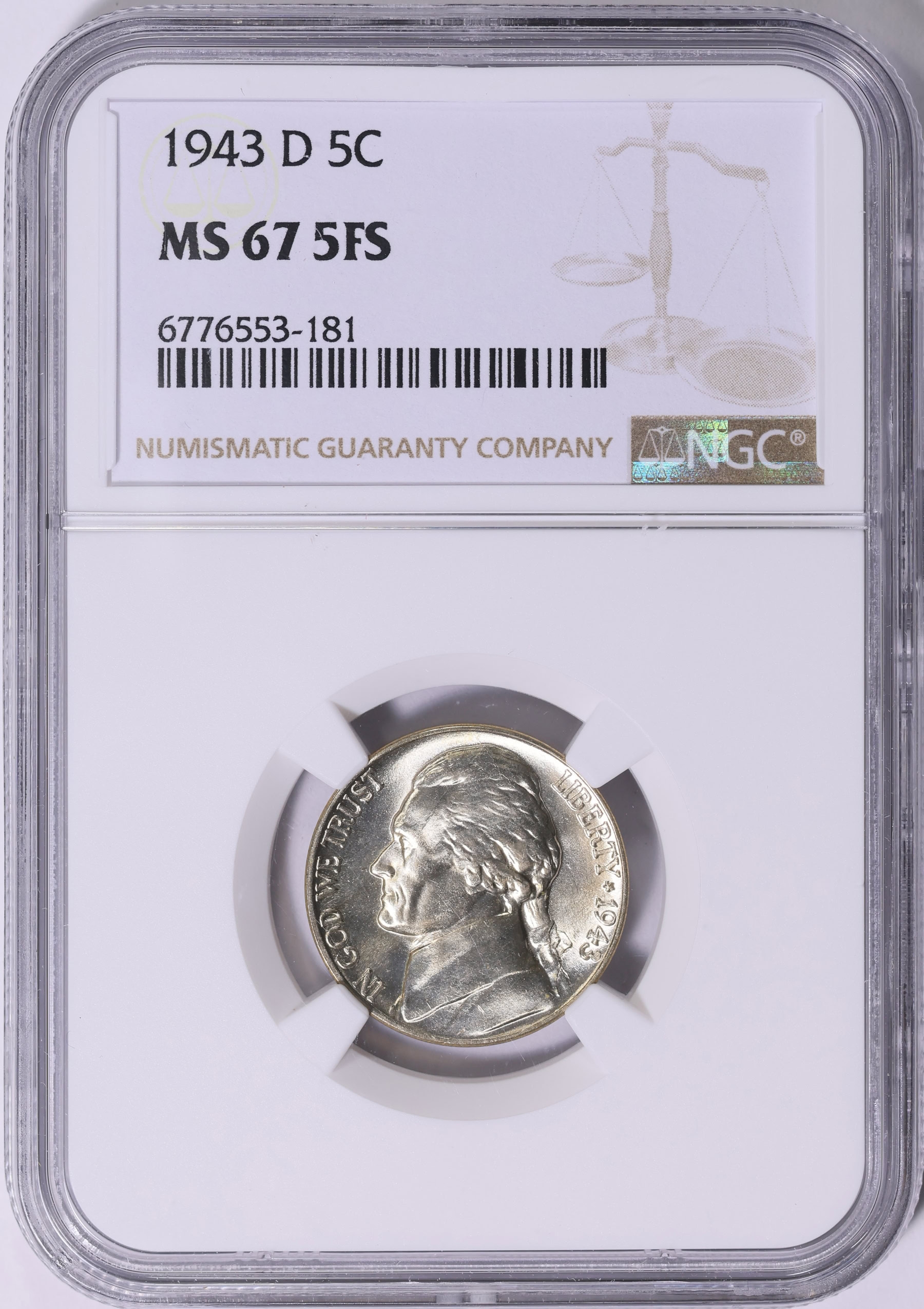 1943-D Jefferson Nickel NGC MS-67 5FS (Item 1818675) | GreatCollections Coin Auctions