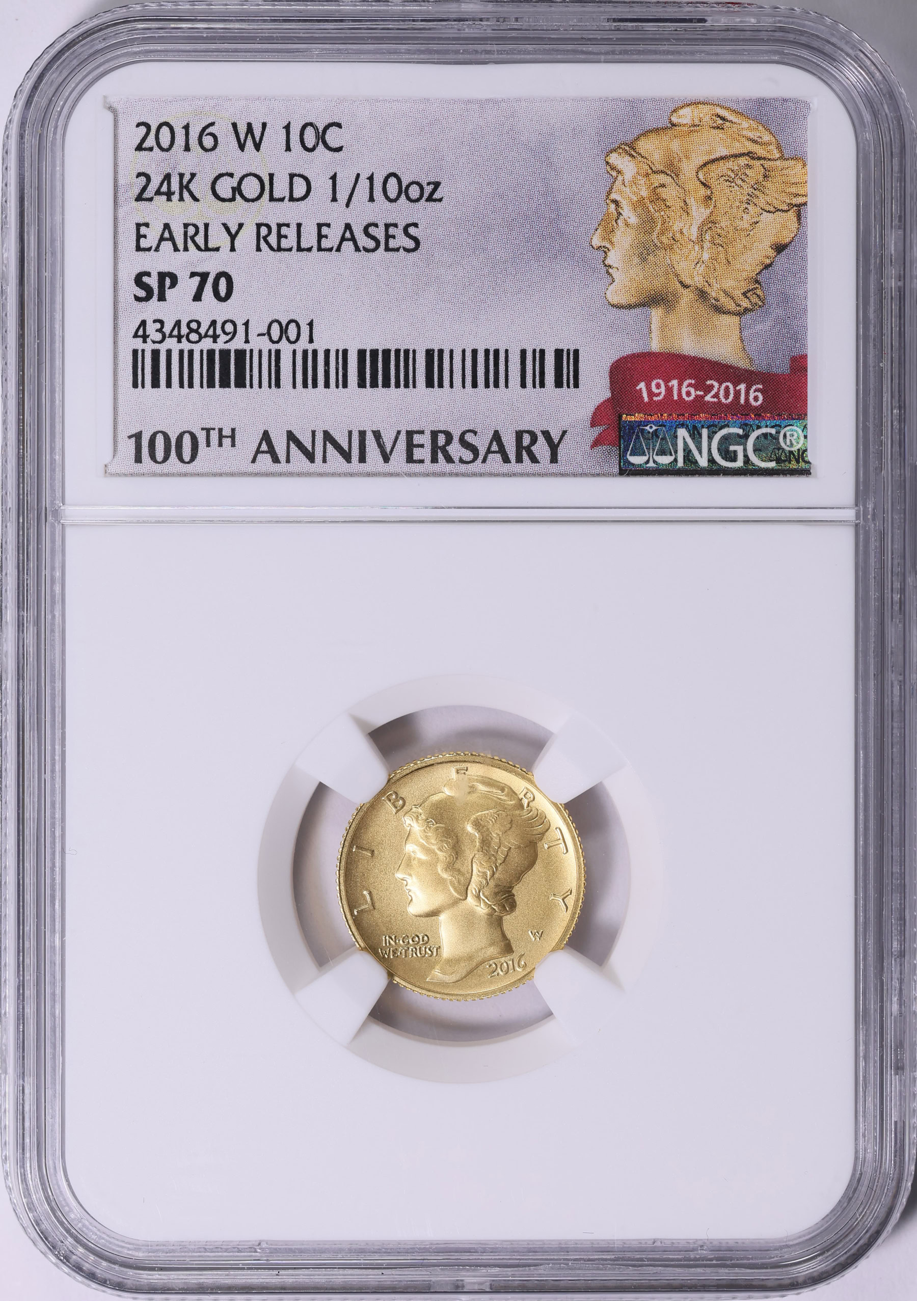 2016-W Mercury Dime 100th Anniversary Gold Early Releases NGC SP-70 ...