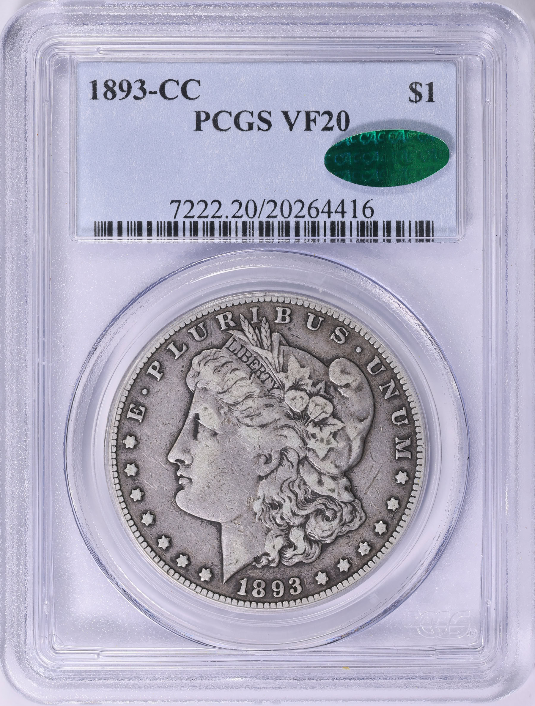 1893-CC Morgan Silver Dollar PCGS VF-20 (CAC Green) (Item 1818725) | GreatCollections Coin Auctions