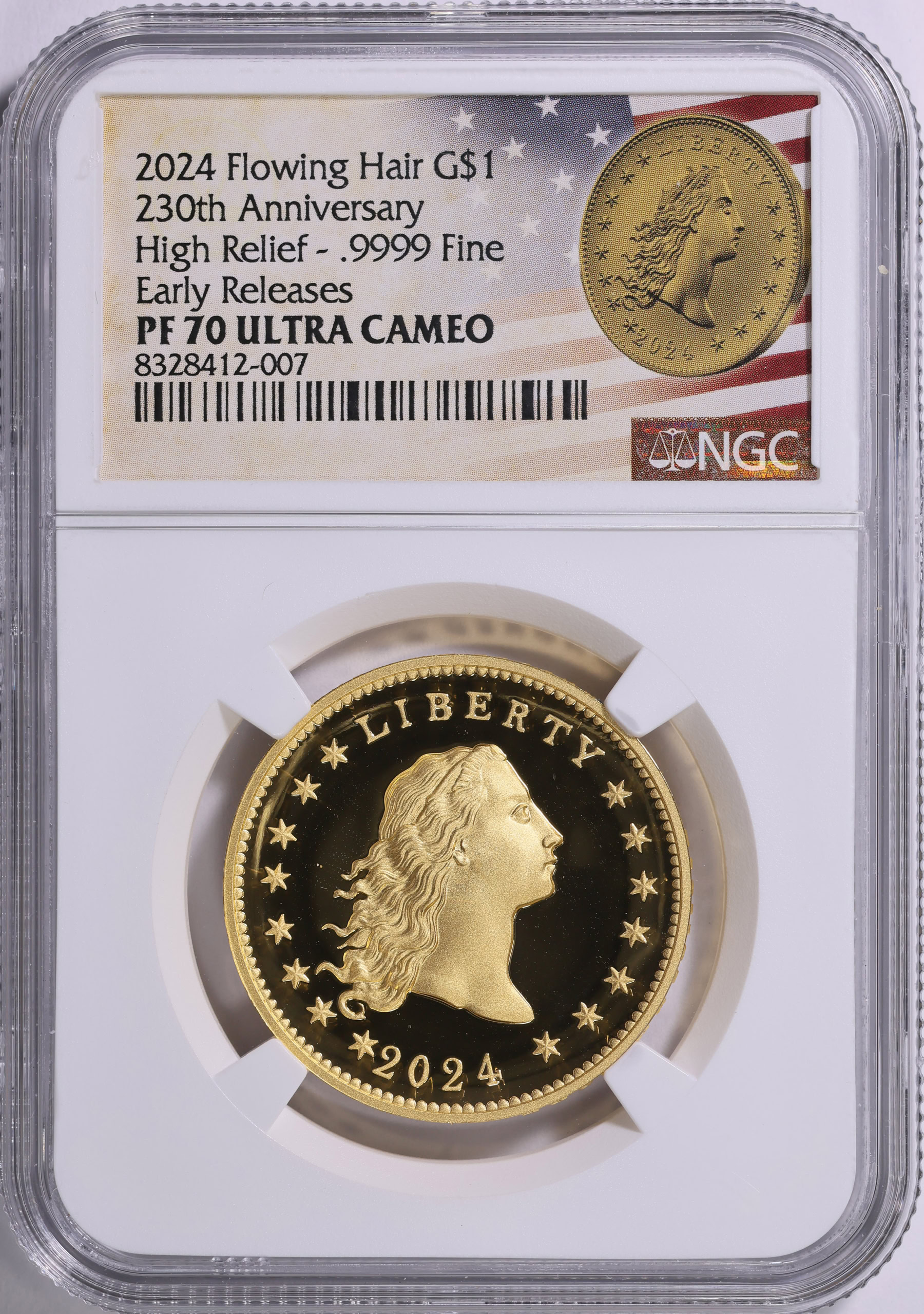 2024 Flowing Hair High Relief Gold Dollar 230th Anniversary Early Releases NGC Proof-70 UC | NGC ...