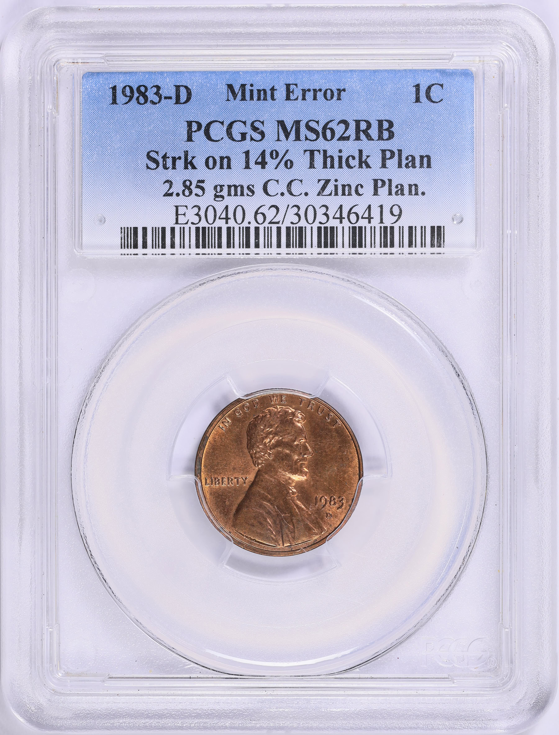 Mint Error 1983-D Lincoln Cent Struck on 14% Thick Planchet 2.85gms C.C ...