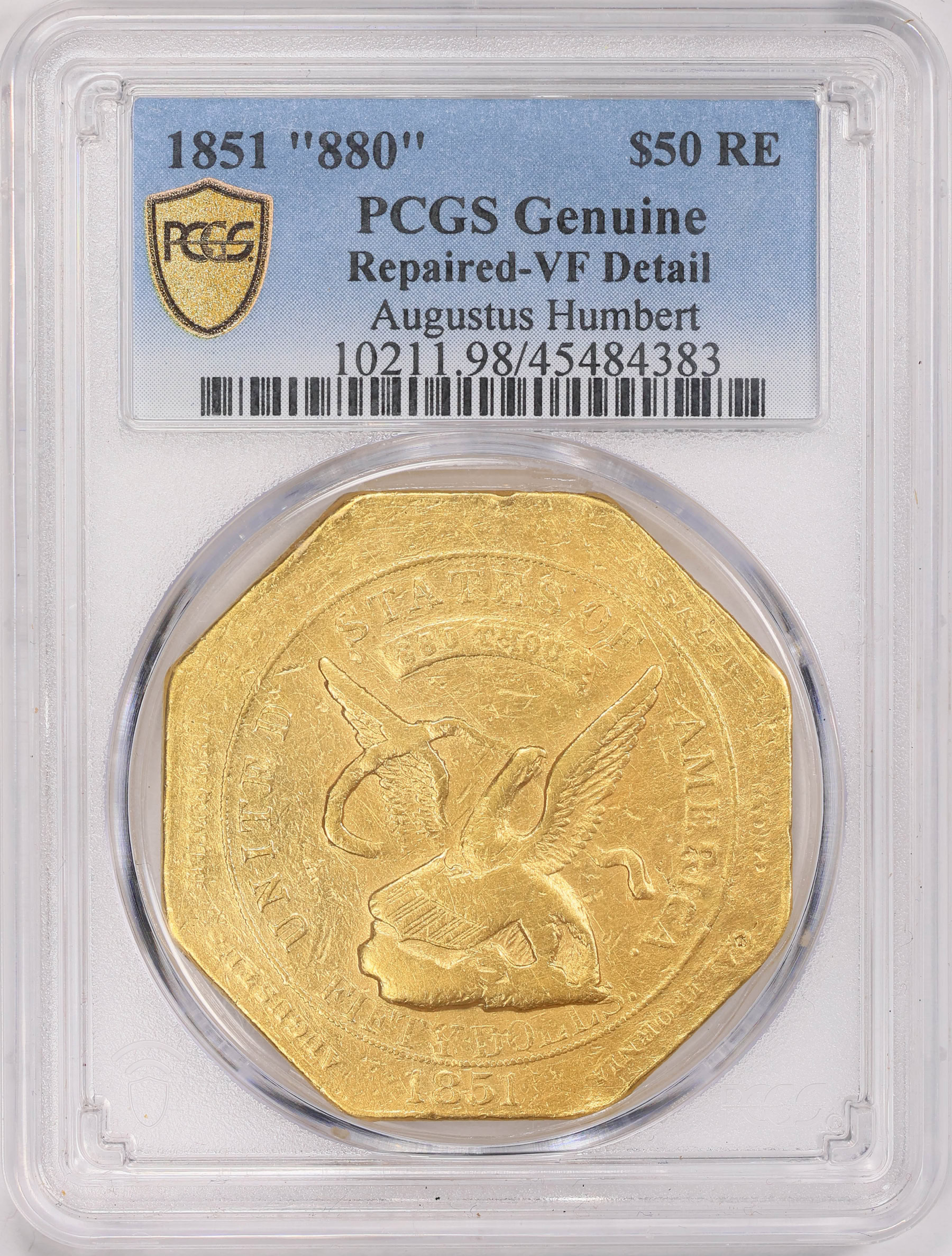 1851 California Gold $50 U.S. Gold Assay Office Augustus Humbert "880" Thous. Reeded Edge PCGS ...