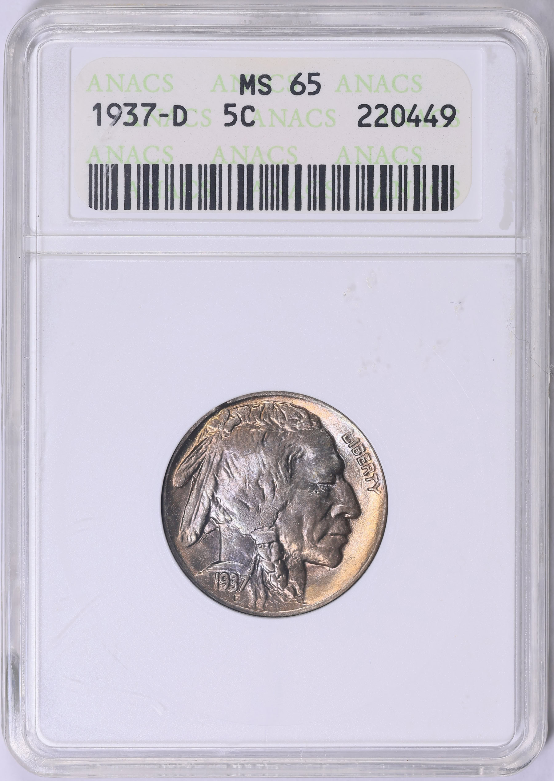 1937-D Buffalo Nickel ANACS MS-65 OH (Toned) (Item 1818942) | GreatCollections Coin Auctions