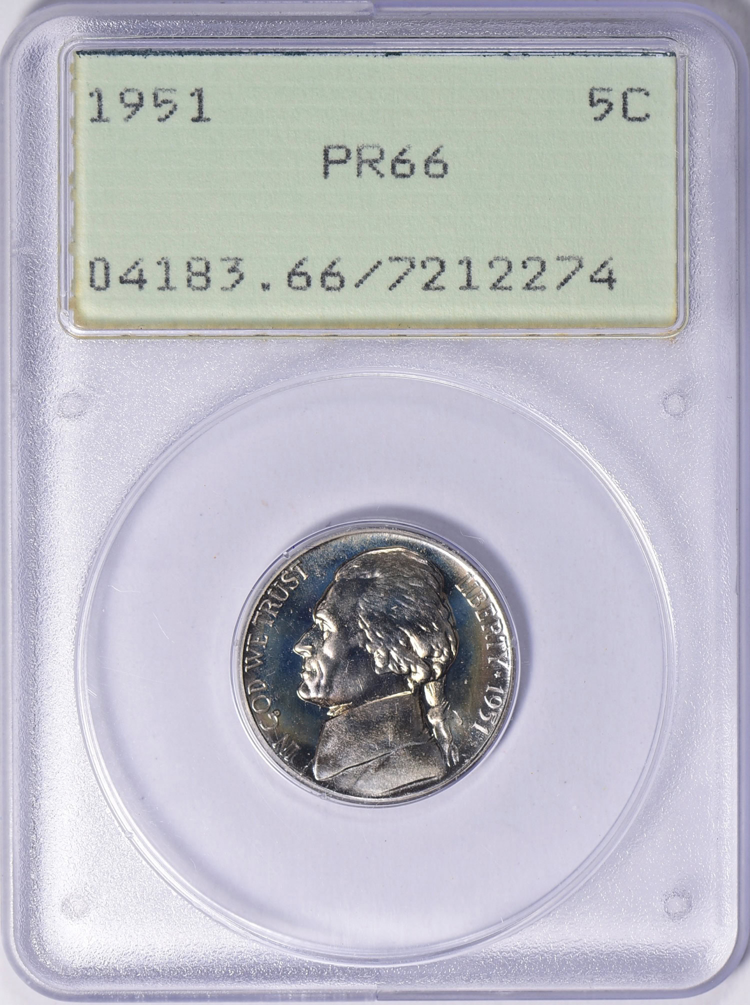 1951 Jefferson Nickel PCGS Proof-66 OGH (1st Gen) (Toned) (Item 1818956) | GreatCollections Coin ...