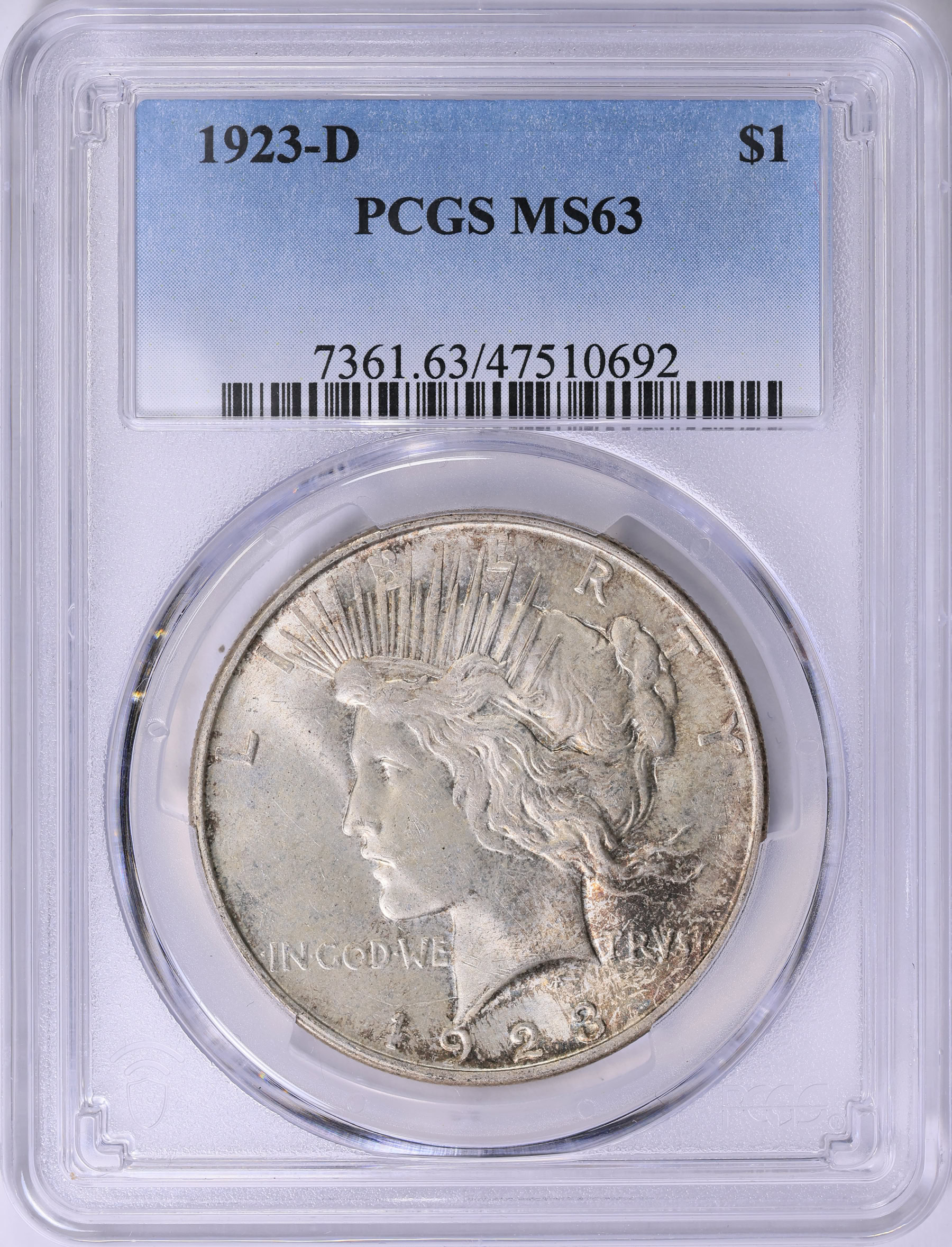 1923-D Peace Silver Dollar PCGS MS-63 (Toned) (Item 1819010) | GreatCollections Coin Auctions