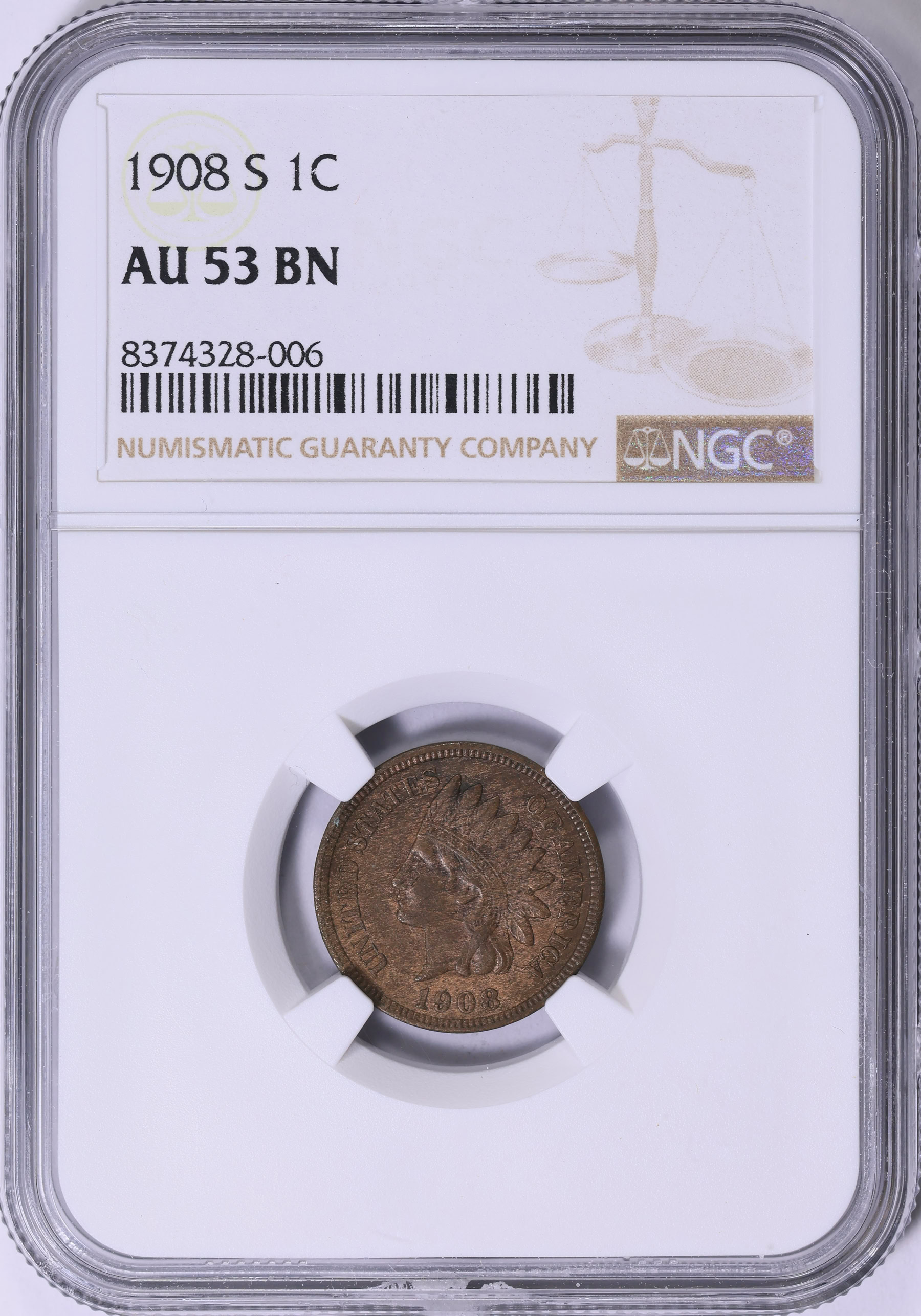 1908-S Indian Cent NGC AU-53 BN (Item 1819148) | GreatCollections Coin Auctions